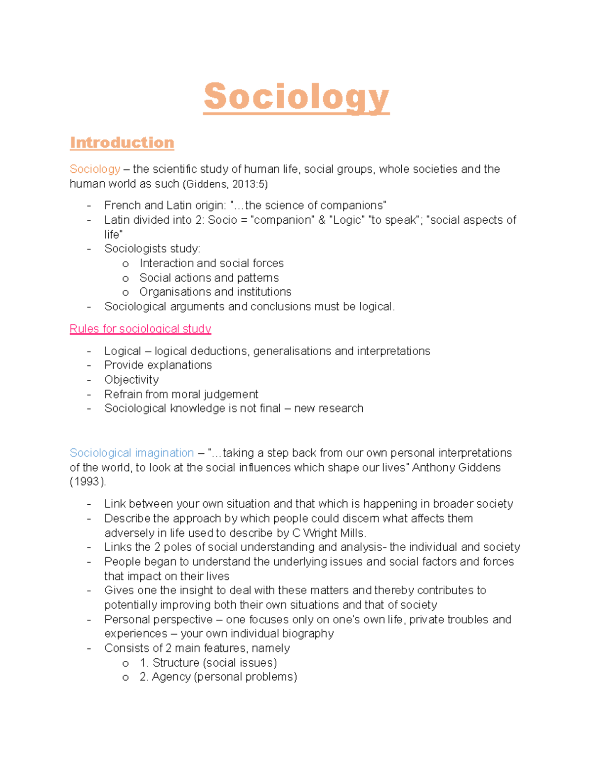 SOCY 111 - Notes - Sociology Introduction Sociology – the scientific ...