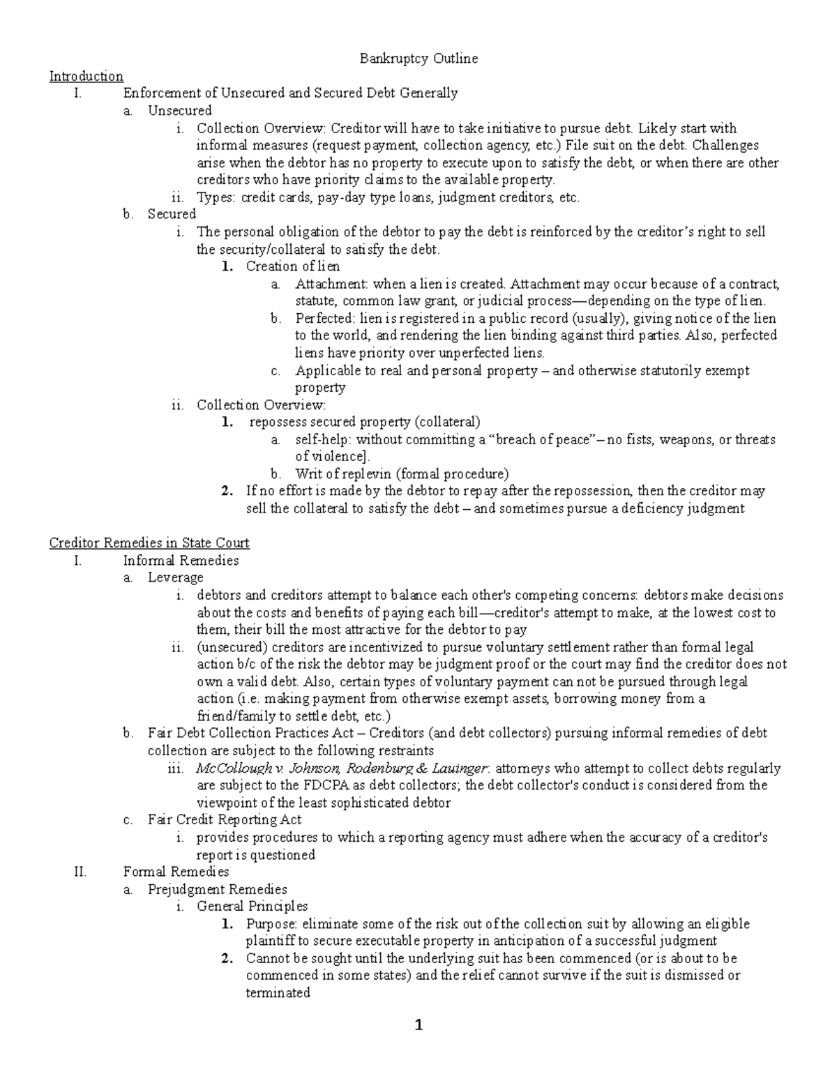 Bankruptcy Outline - Bankruptcy Outline Introduction I. Enforcement of ...