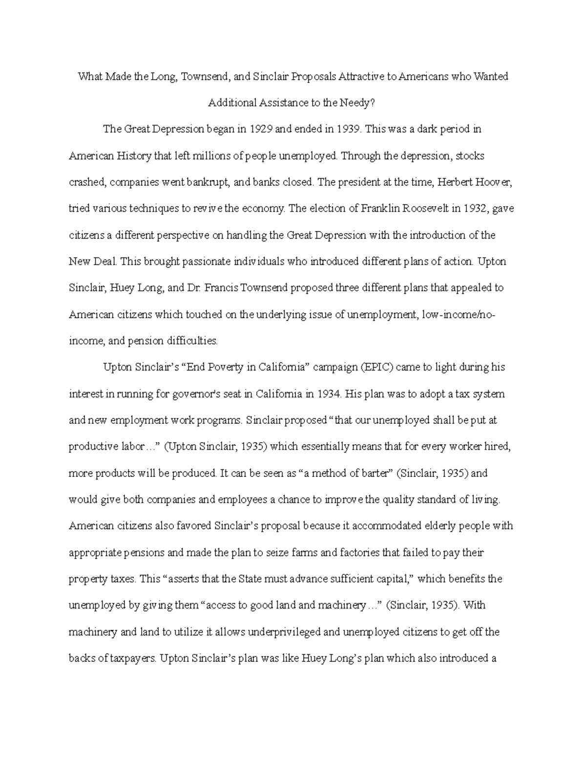 Essay What Made The Long Townsend And Sinclair Proposals Attractive