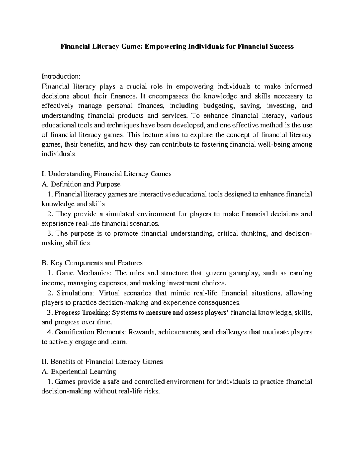 Financial Literacy Game - Empowering Individuals for Financial Success ...