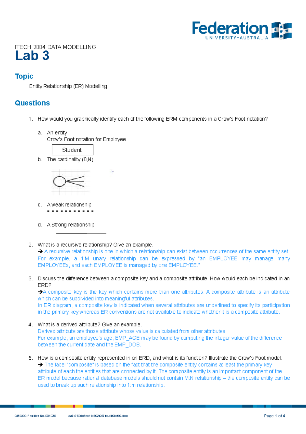 Itech 2004 Lab 3 Itech 2004 Data Modelling Lab 3 Topic Entity Relationship Er Modelling