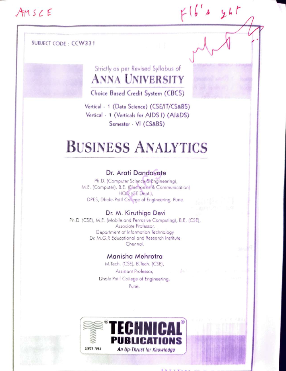 Business Analytics Local Author BOOK (1) - An seE SUBJECT CODE:CCW Strictly as per Revised ...