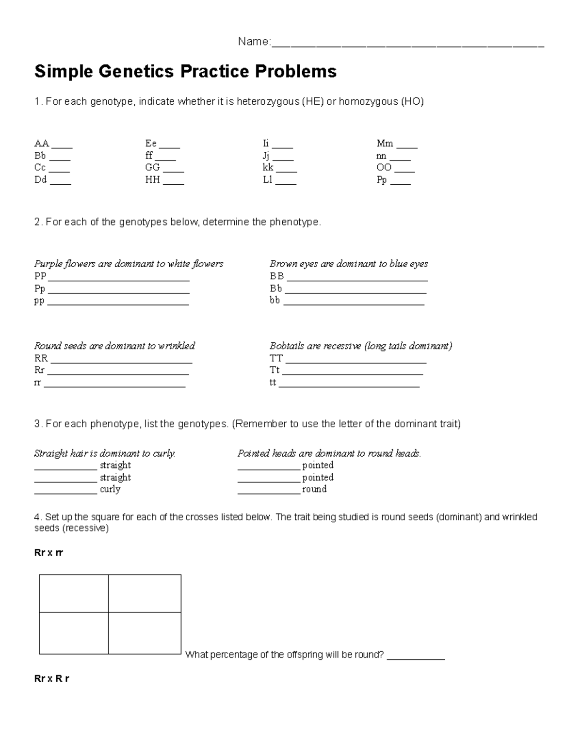 Simple genetics wksht - hghhfjy - Name ...
