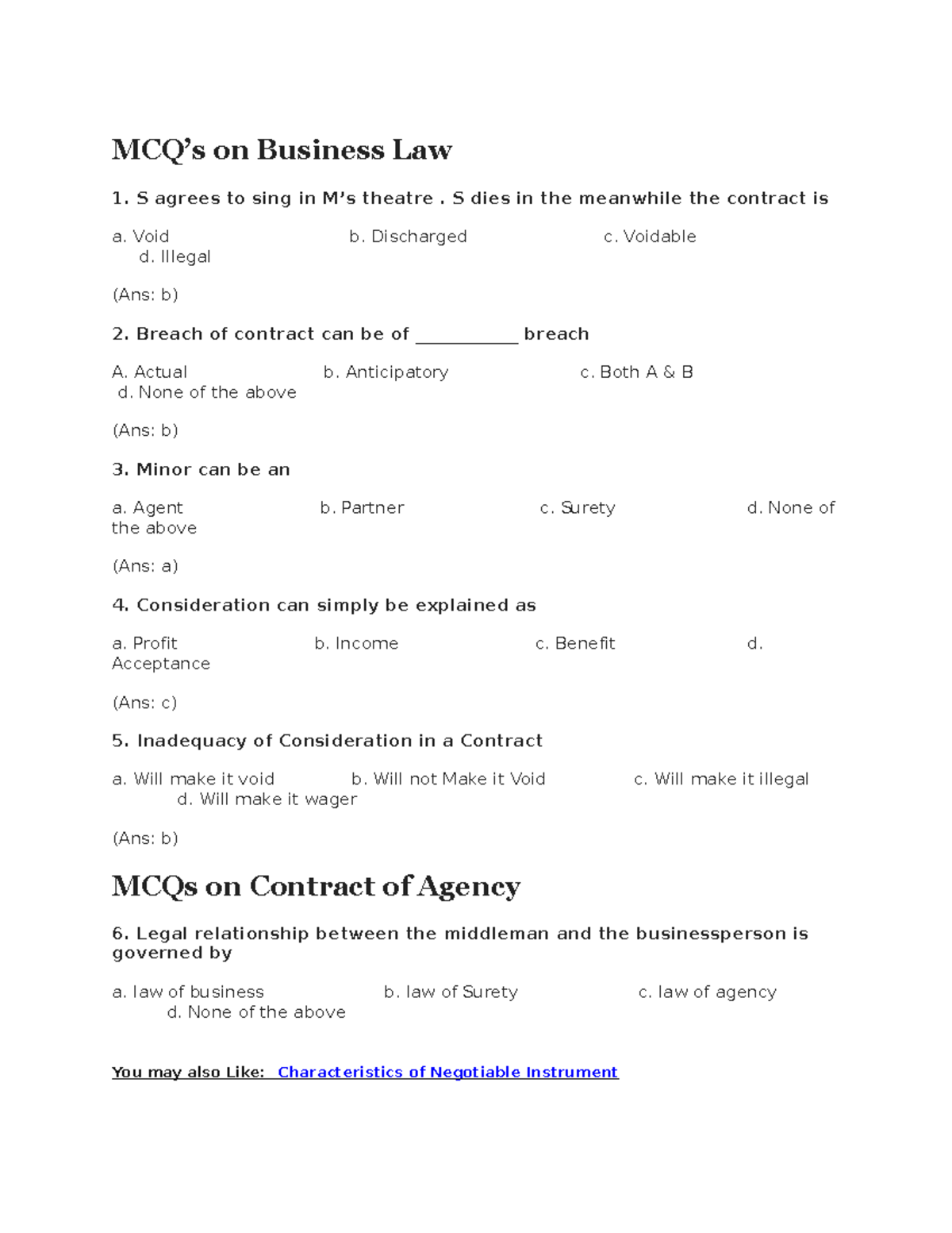 MCQ copy - Business Law course whole material - MCQ’s on Business Law S ...