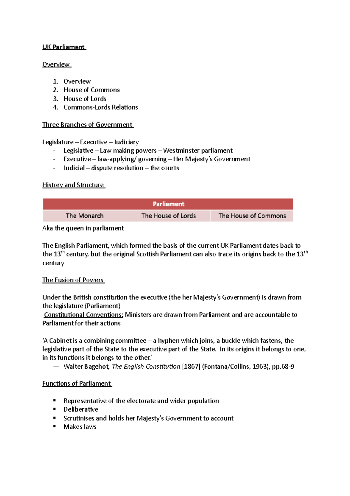 UK Parliament Lecture Notes 2019/20 - UK Parliament Overview Overview ...
