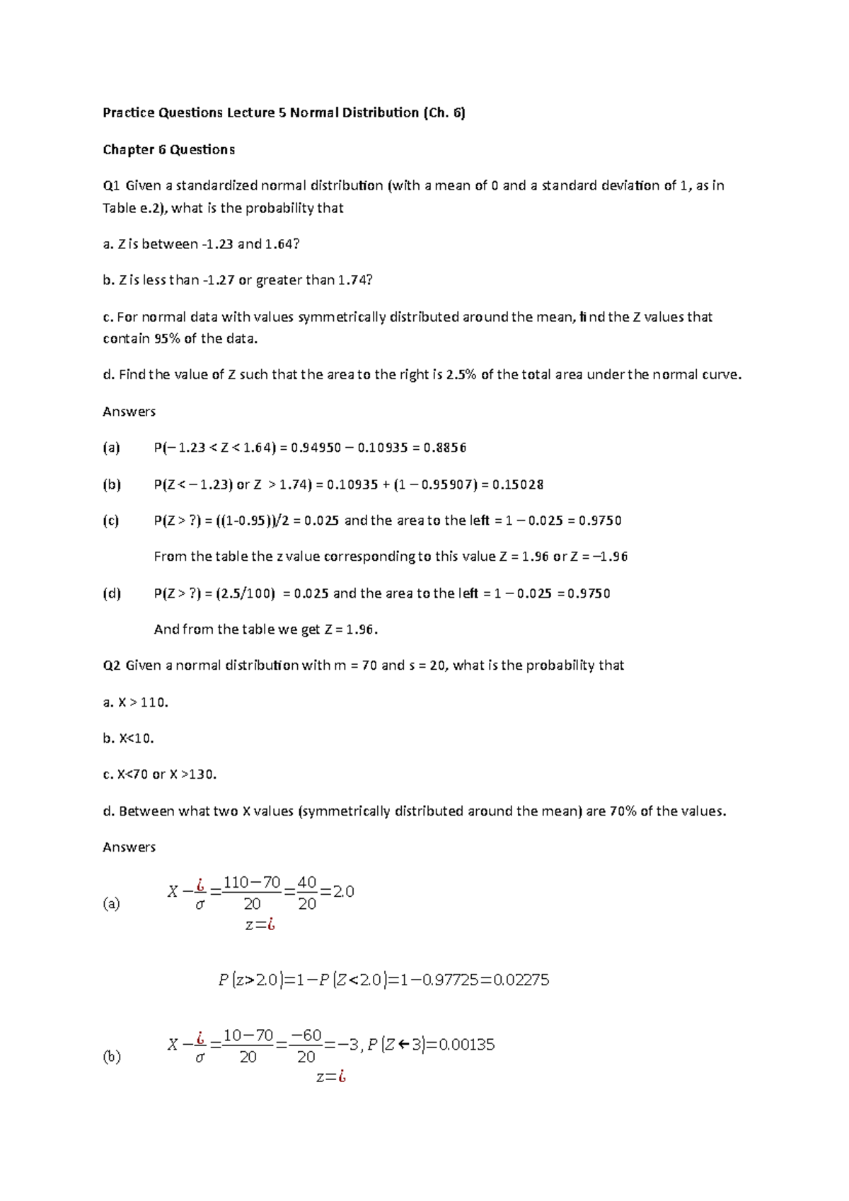 Chapter 6 Practice Questions - Practice Questions Lecture 5 Normal ...