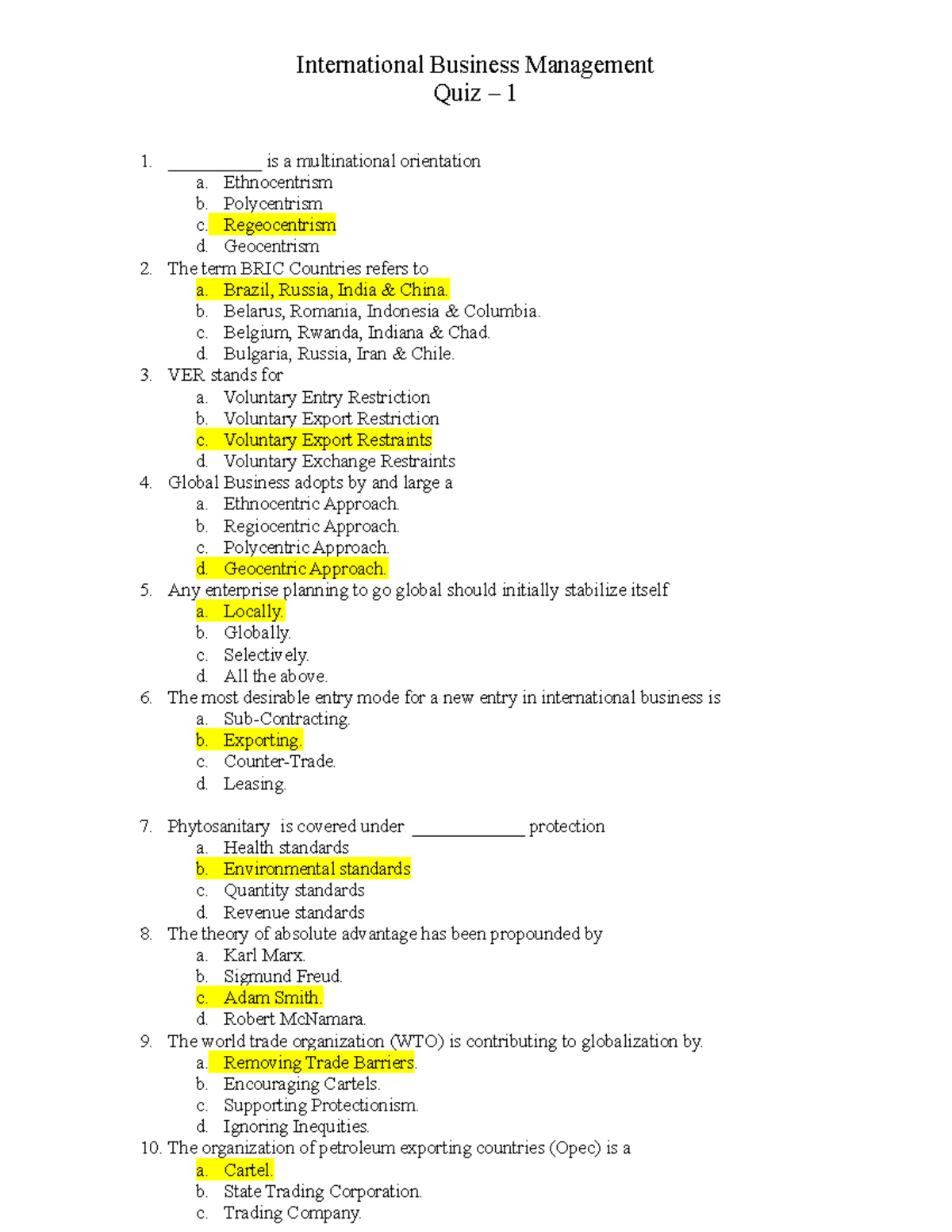 IBM Quiz 1 - Quiz for Unit 1 - International Business Management Quiz ...