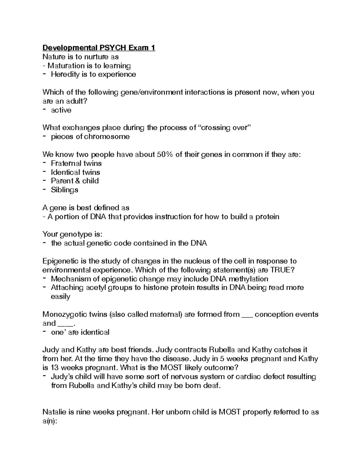 Developmental Psych Exam 1 Practice Questions - Developmental PSYCH ...