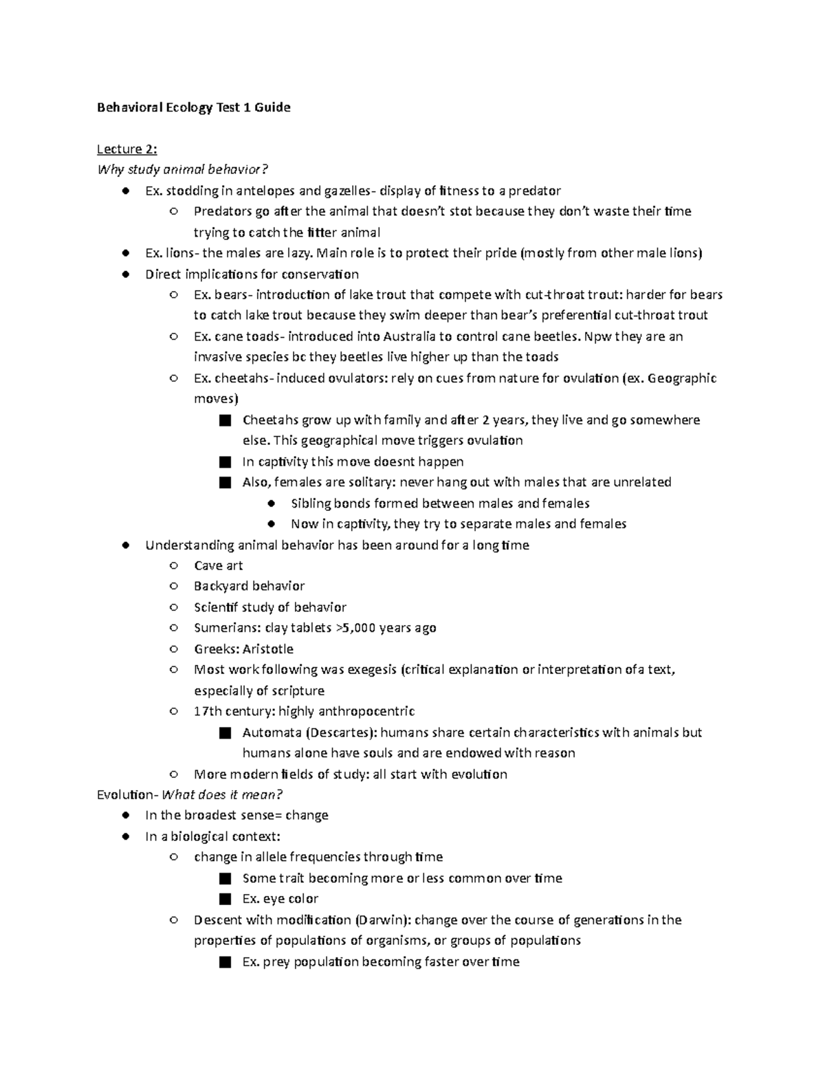 Behavioral Ecology Exam 1 Guide - Behavioral Ecology Test 1 Guide ...