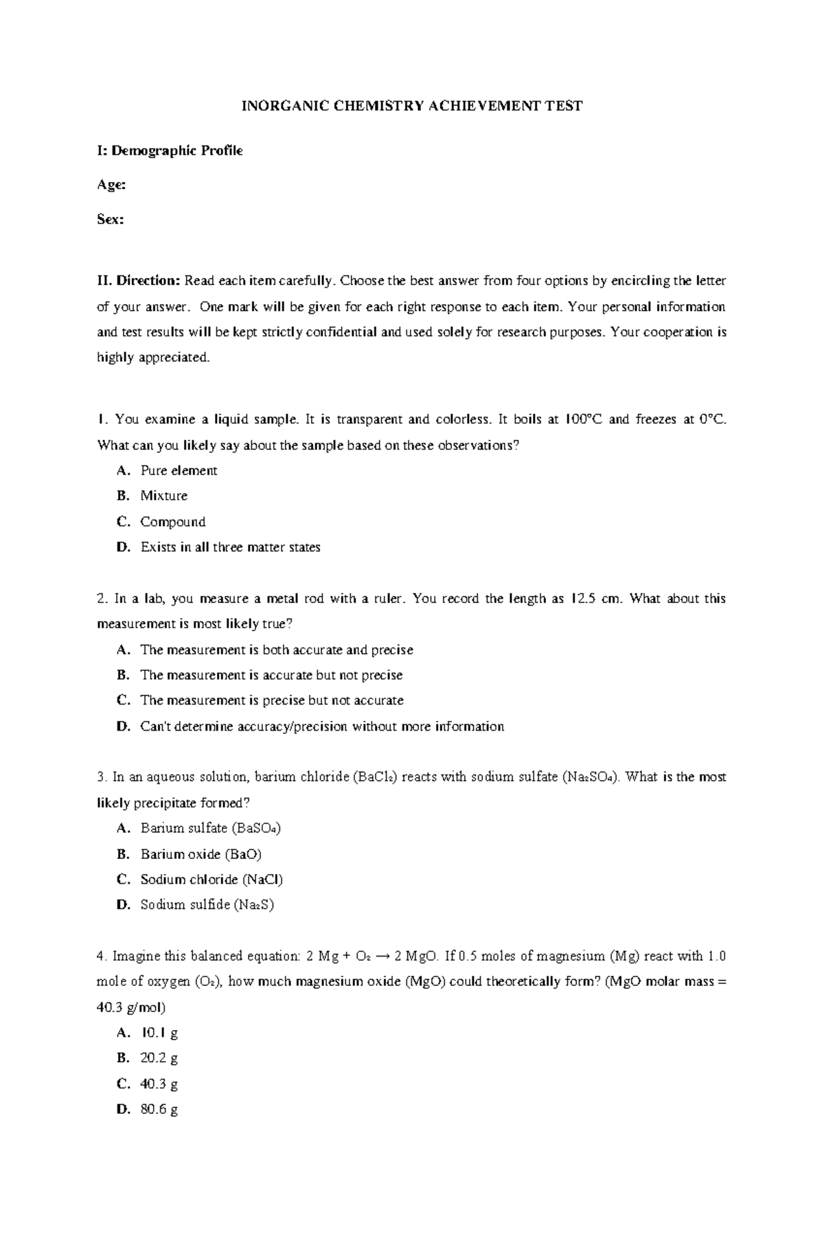With instruction Inorganic Chemistry Achievement TEST - INORGANIC ...