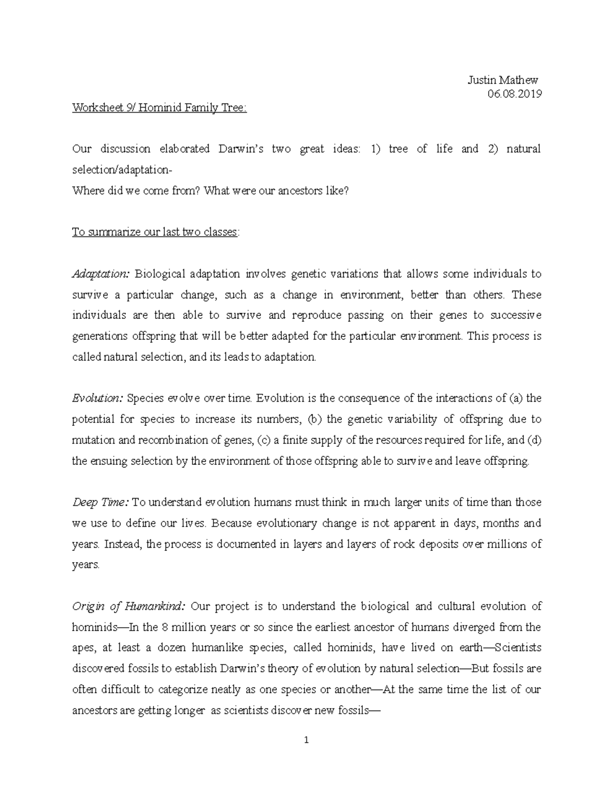 Evolution-hominid family tree - Justin Mathew 06. Worksheet 9/ Hominid ...
