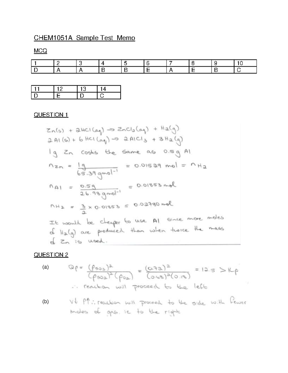 Sample Test memo - Practice material - Chem1051 - CHEM1051A Sample Test ...