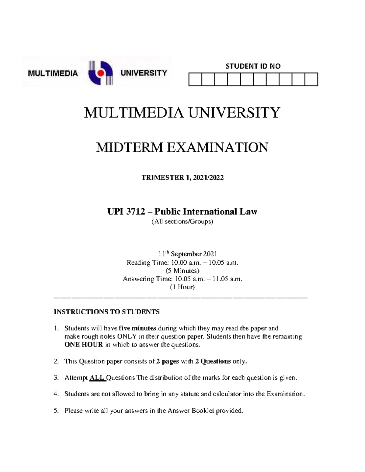 Mid Term Examination Question (2021/2022) - MULTIMEDIA UNIVERSITY ...