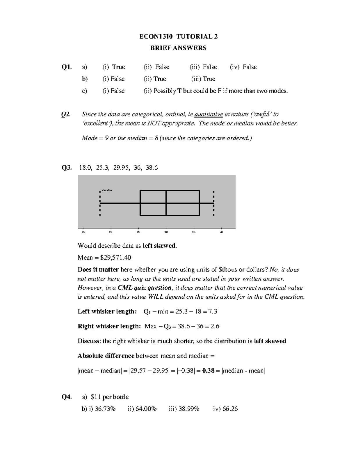 T2 brief answers - ECON - ECON1310 TUTORIAL 2 BRIEF ANSWERS Q1. a) (i) True (ii) False (iii ...