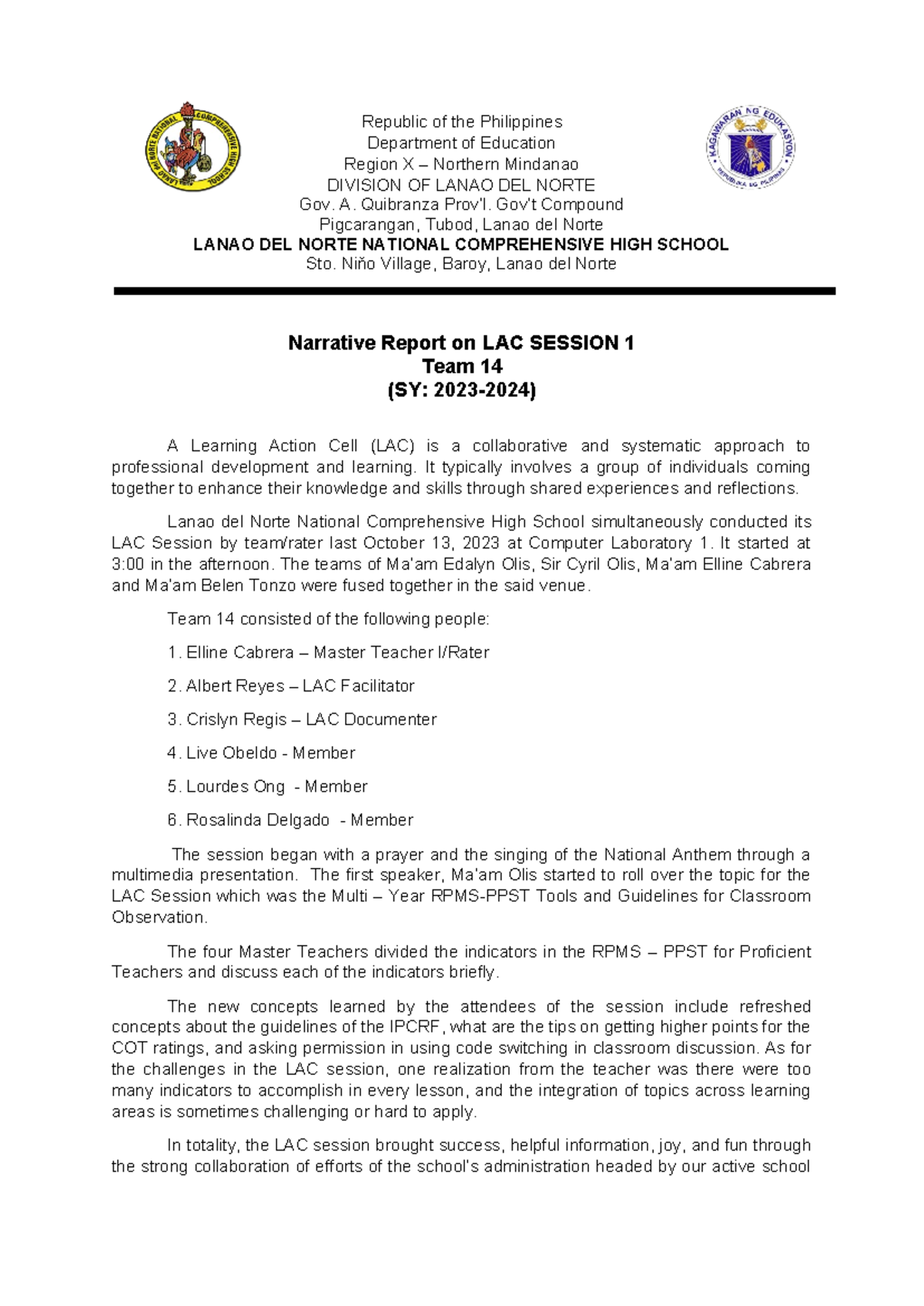Narrative report LAC Session 1 - Republic of the Philippines Department ...