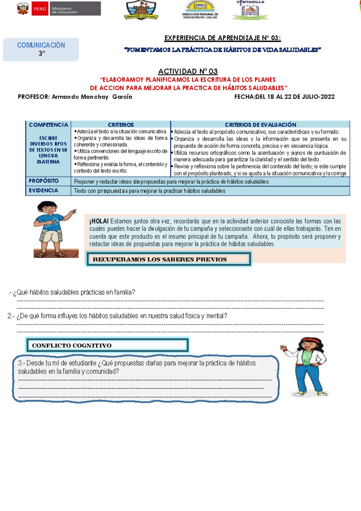 Habitos Saludables 3°ero - ¡HOLA! Estamos juntos otra vez, recordarás ...