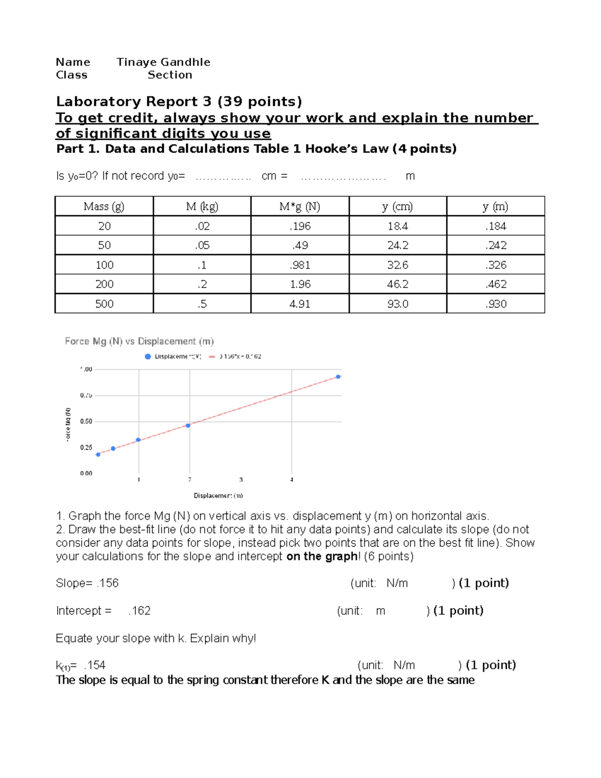 Physics lab report 3 - Name Tinaye Gandhle Class Section Laboratory Report 3 (39 points) To get ...