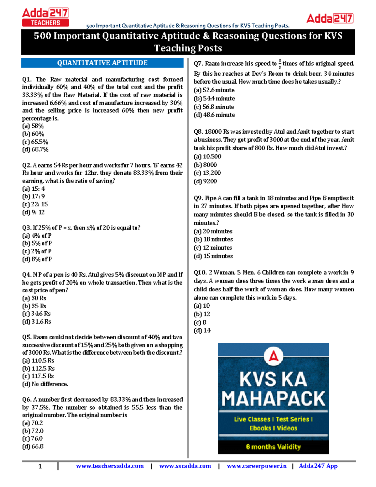 500 Important Quantitative Aptitude Reasoning Questions for KVS ...