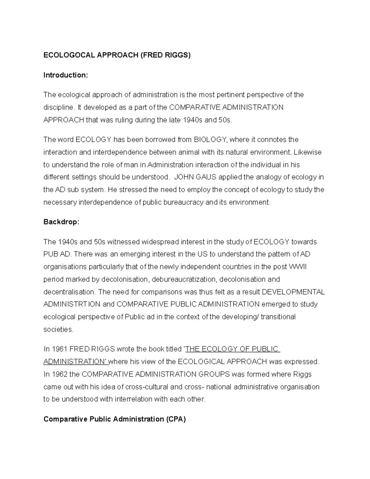 Ecologocal Approach (FRED Riggs) - Perspectives On Public ...