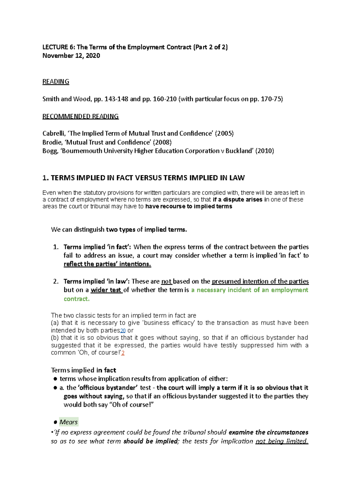 Lecture 6 Terms of contract - LECTURE 6: The Terms of the Employment ...