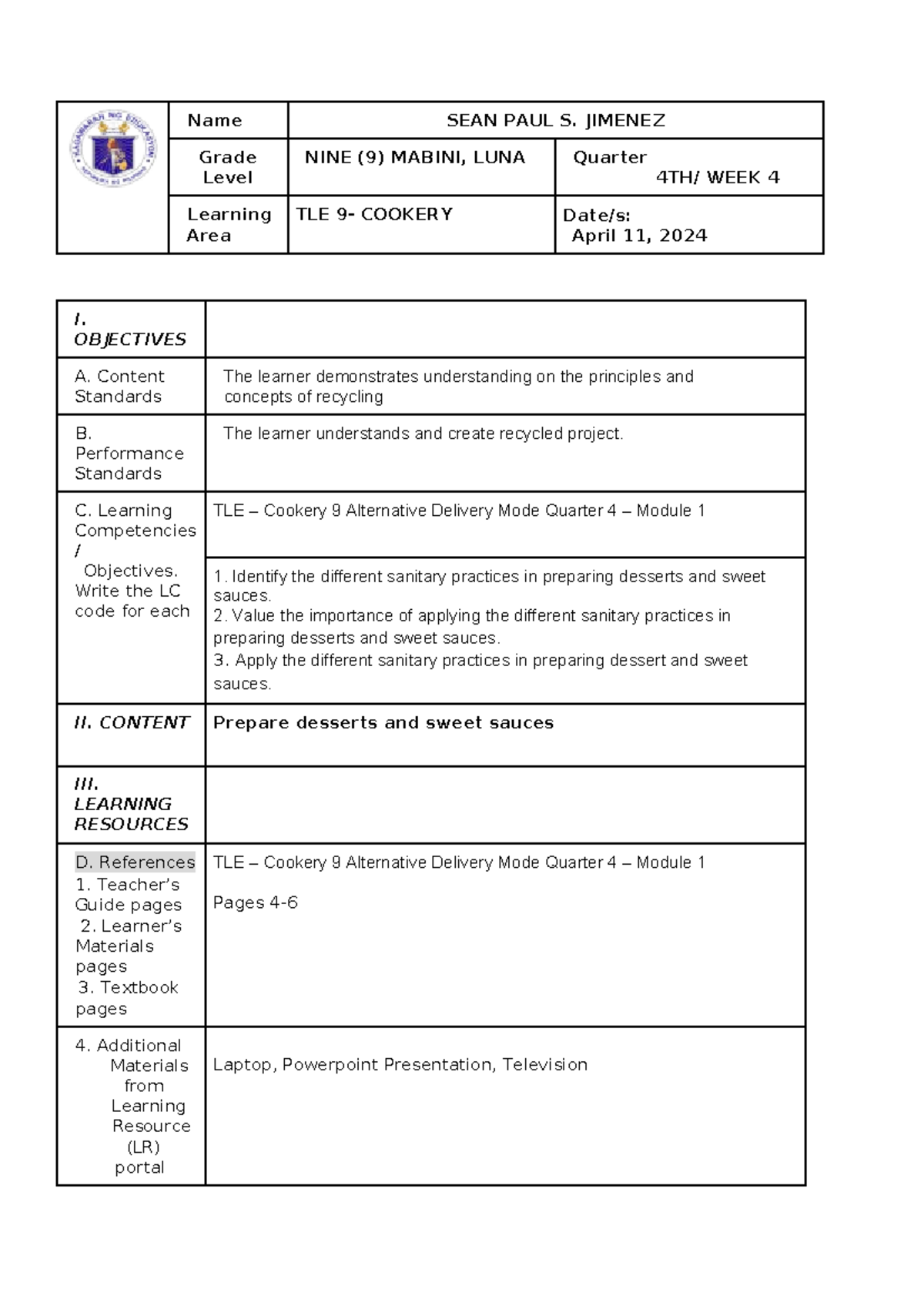 DLPG9 Finaldemo - Lesson plan - Name SEAN PAUL S. JIMENEZ Grade Level ...