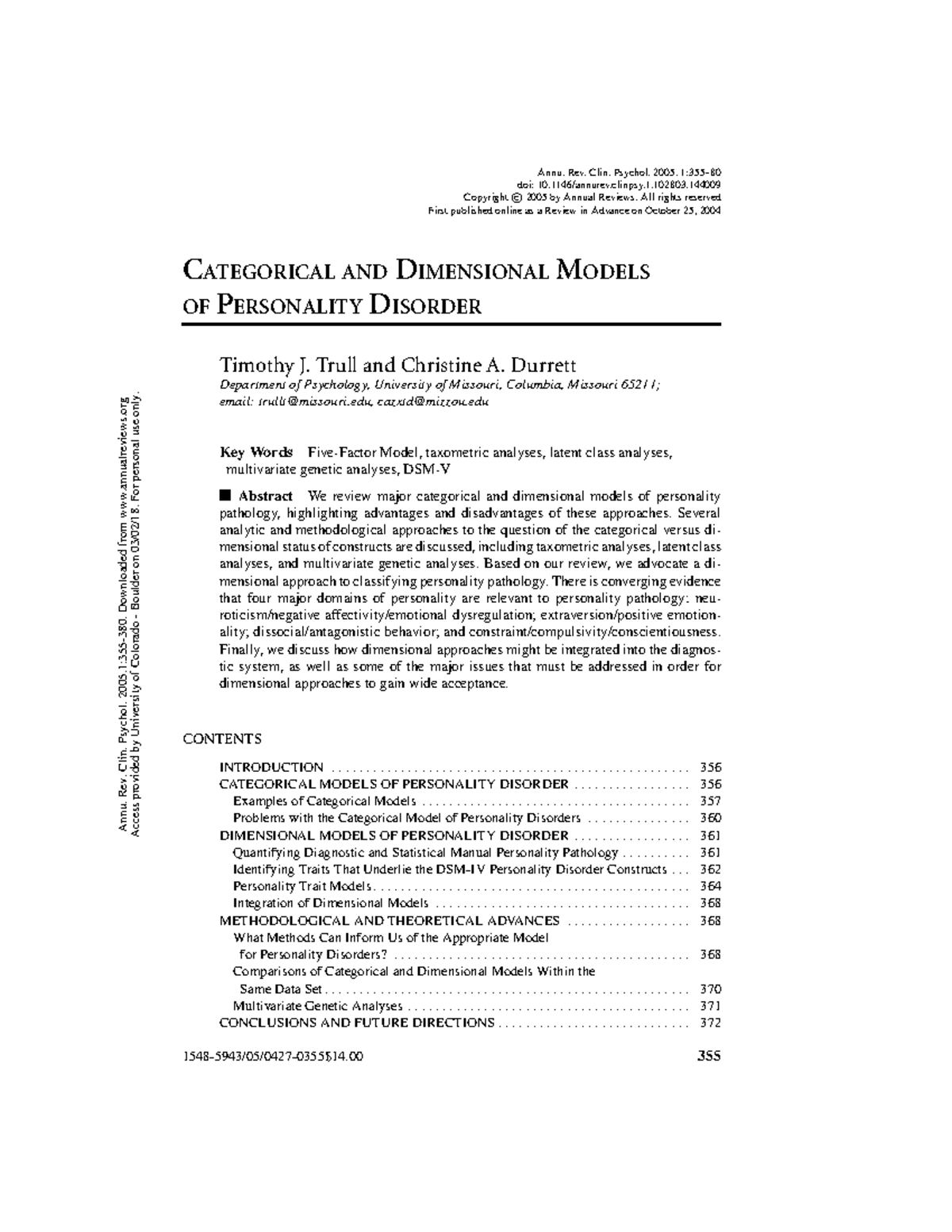 CATEGORICAL AND DIMENSIONAL MODELS OF PERSONALITY DISORDER - 10.1146 ...