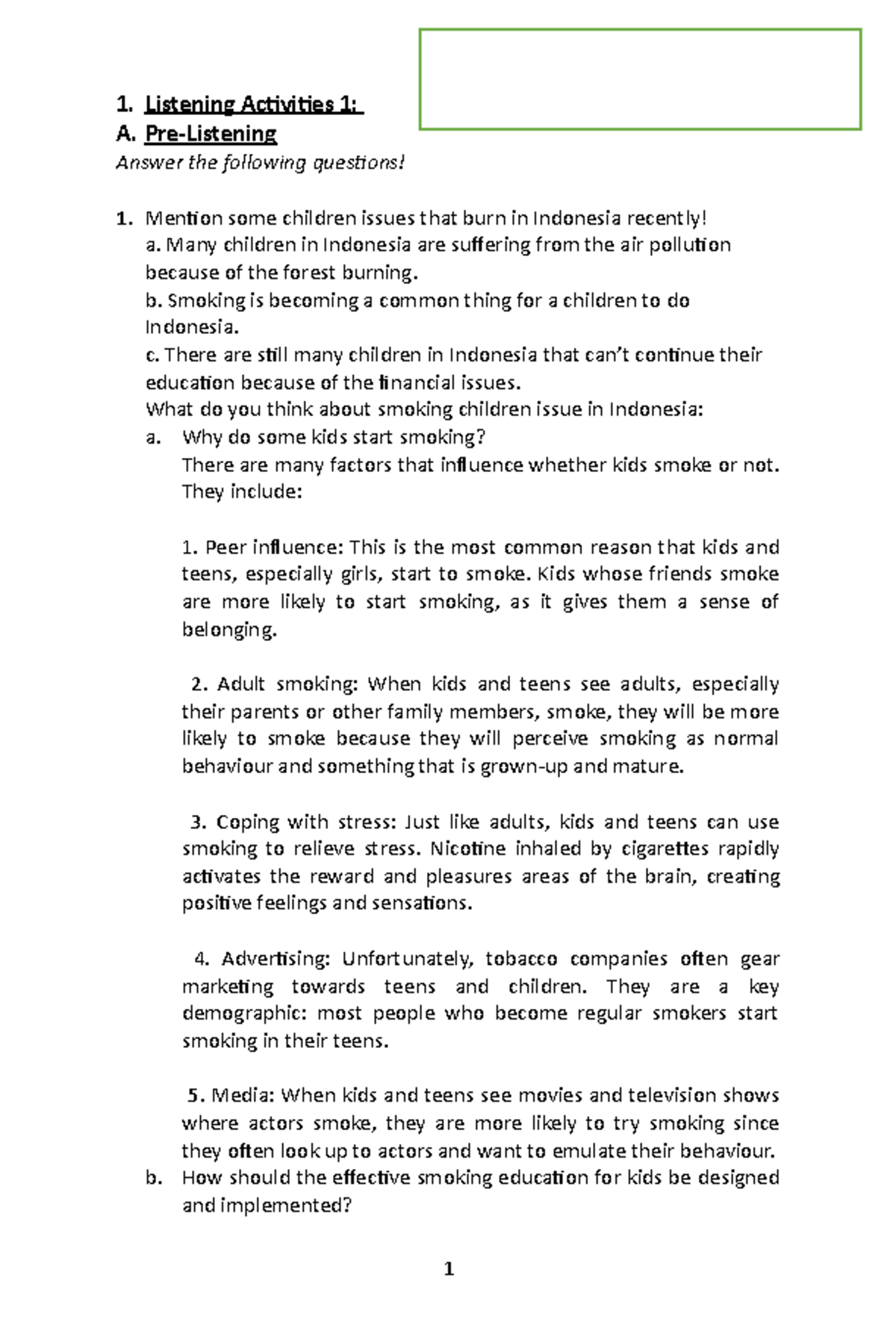 Listening activities 2 - 1. Listening Activities 1: A. Pre-Listening ...