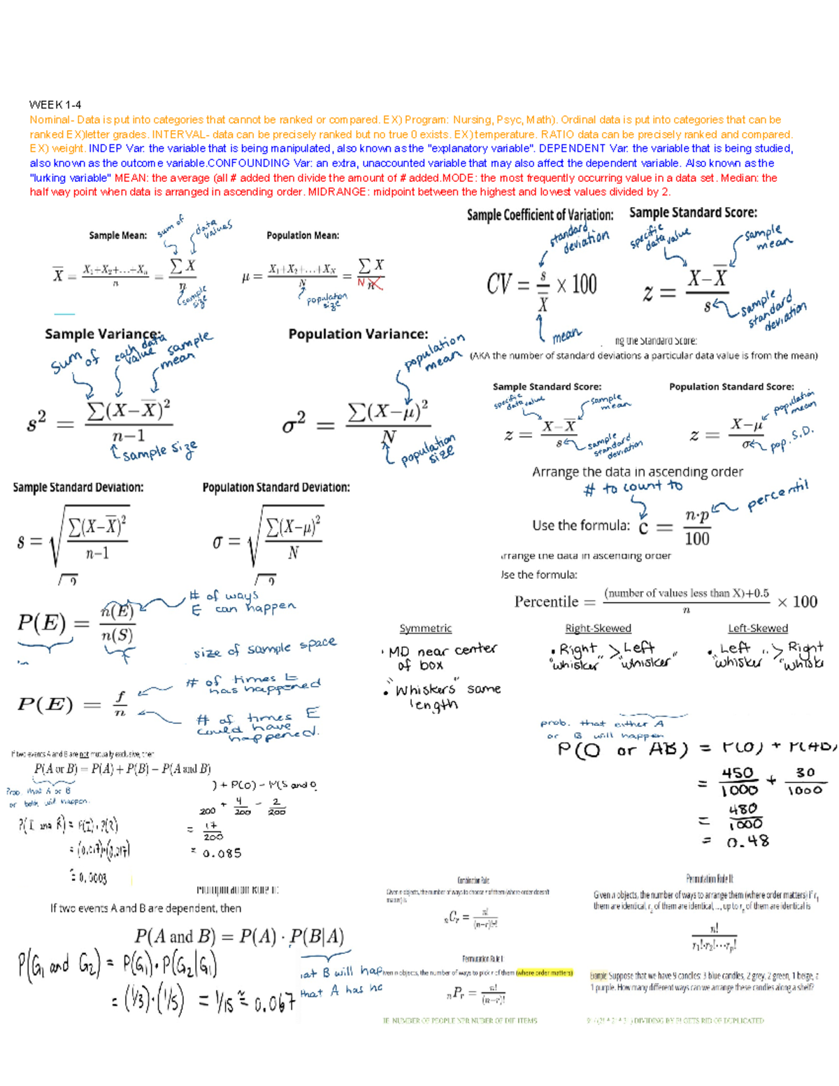 0212Math Final - cheat sheet - WEEK 1- Nominal- Data is put into ...