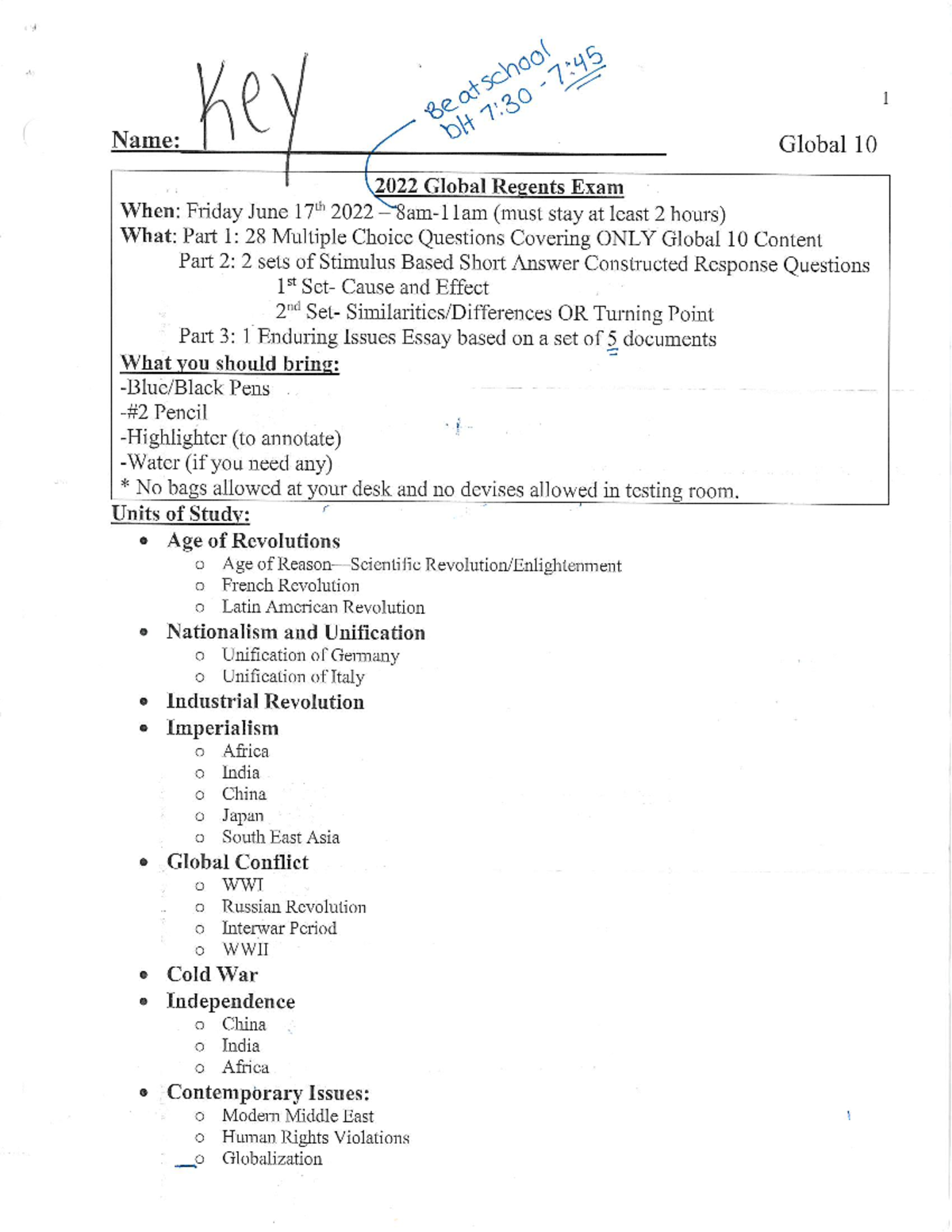 KEY to Large Global History Regents Review Packet - Studocu