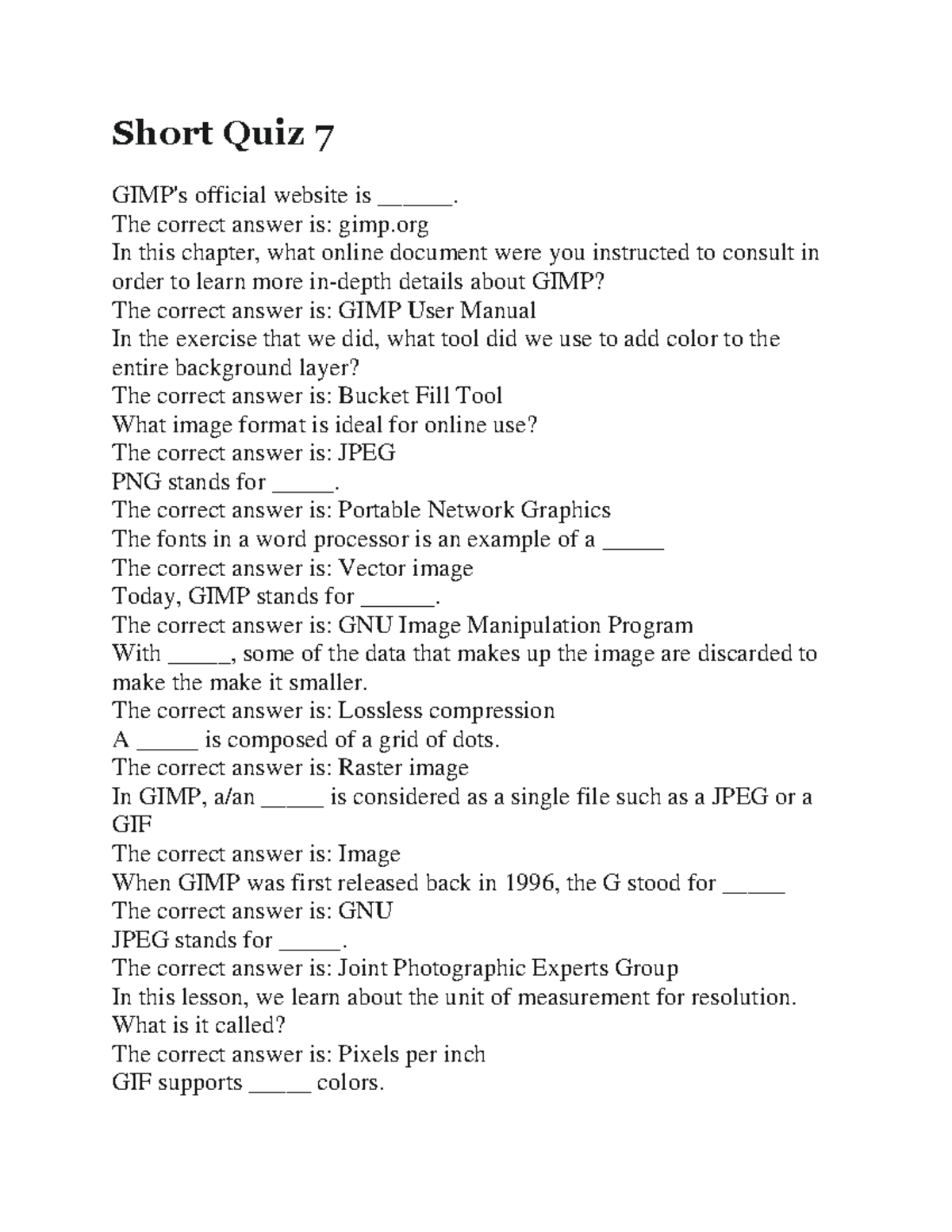 Pdfcoffee - Hahahhahahhaha - Short Quiz 7 GIMP's official website is ...