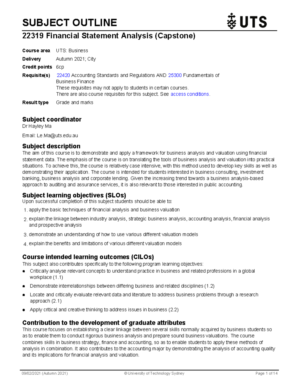 Financial Statement Analysis Subject Outline (22319) Autumn 2021 ...