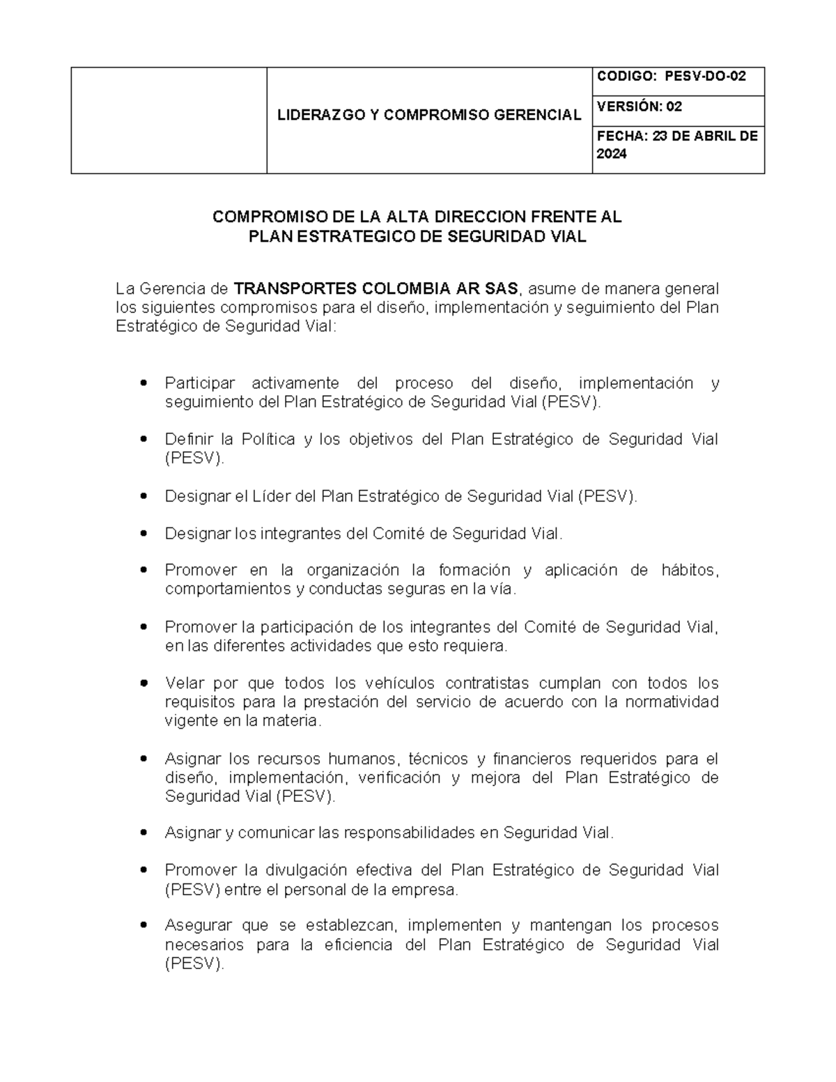 PESV-DO-02 - Liderazgo Y Compromiso Gerencial - COMPROMISO DE LA ALTA DIRECCION FRENTE AL PLAN ...