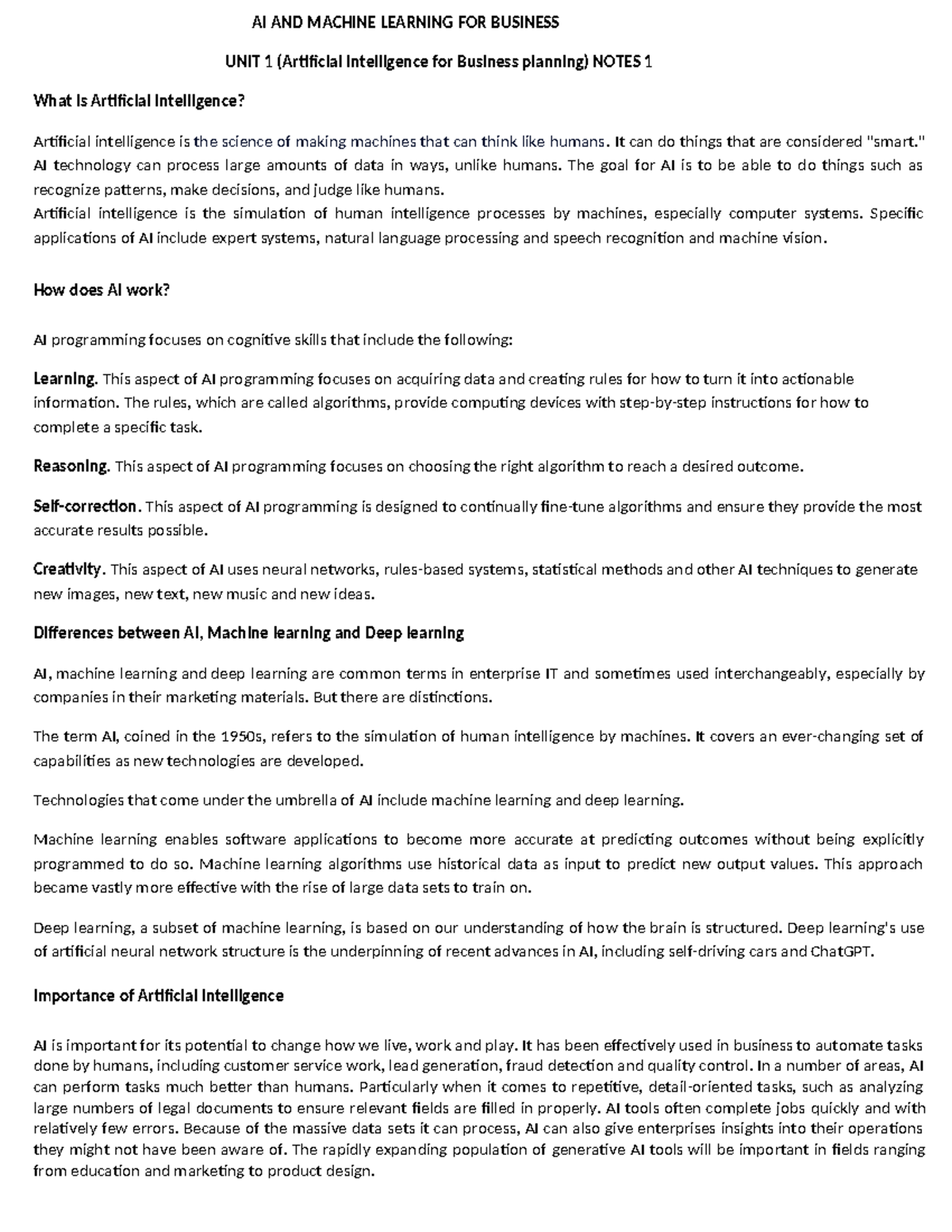 AI 1 - AI notes - AI AND MACHINE LEARNING FOR BUSINESS UNIT 1 ...