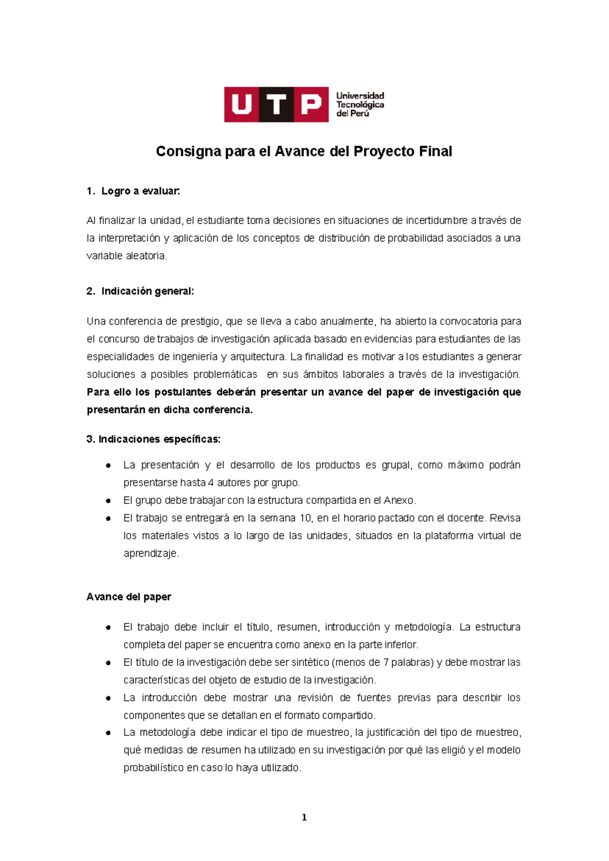 EA I13N APF Consigna docx - Consigna para el Avance del Proyecto Final Logro a evaluar: Al ...