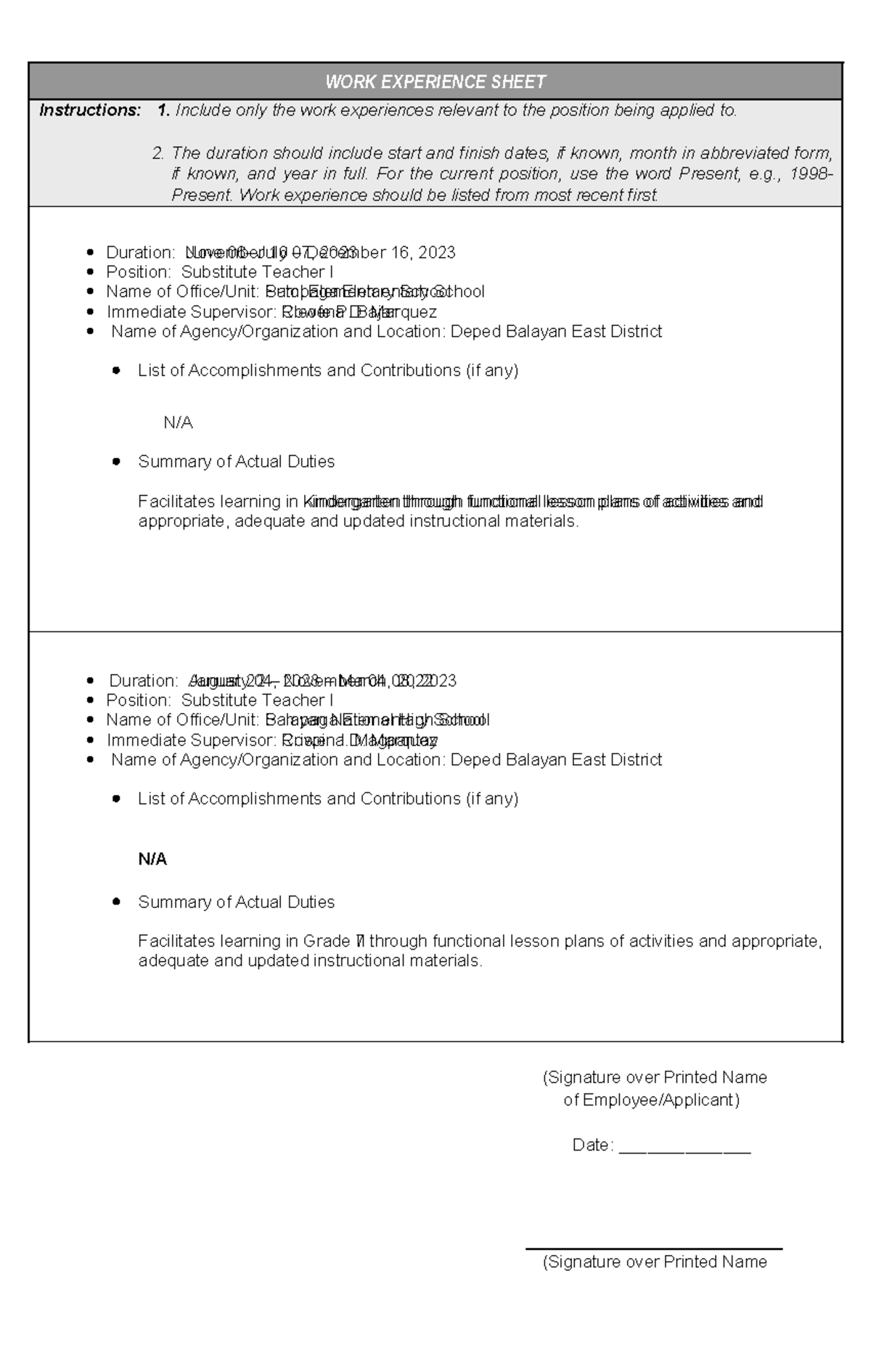 CS Form No 212 Work Experience Sheet - (Signature over Printed Name of ...