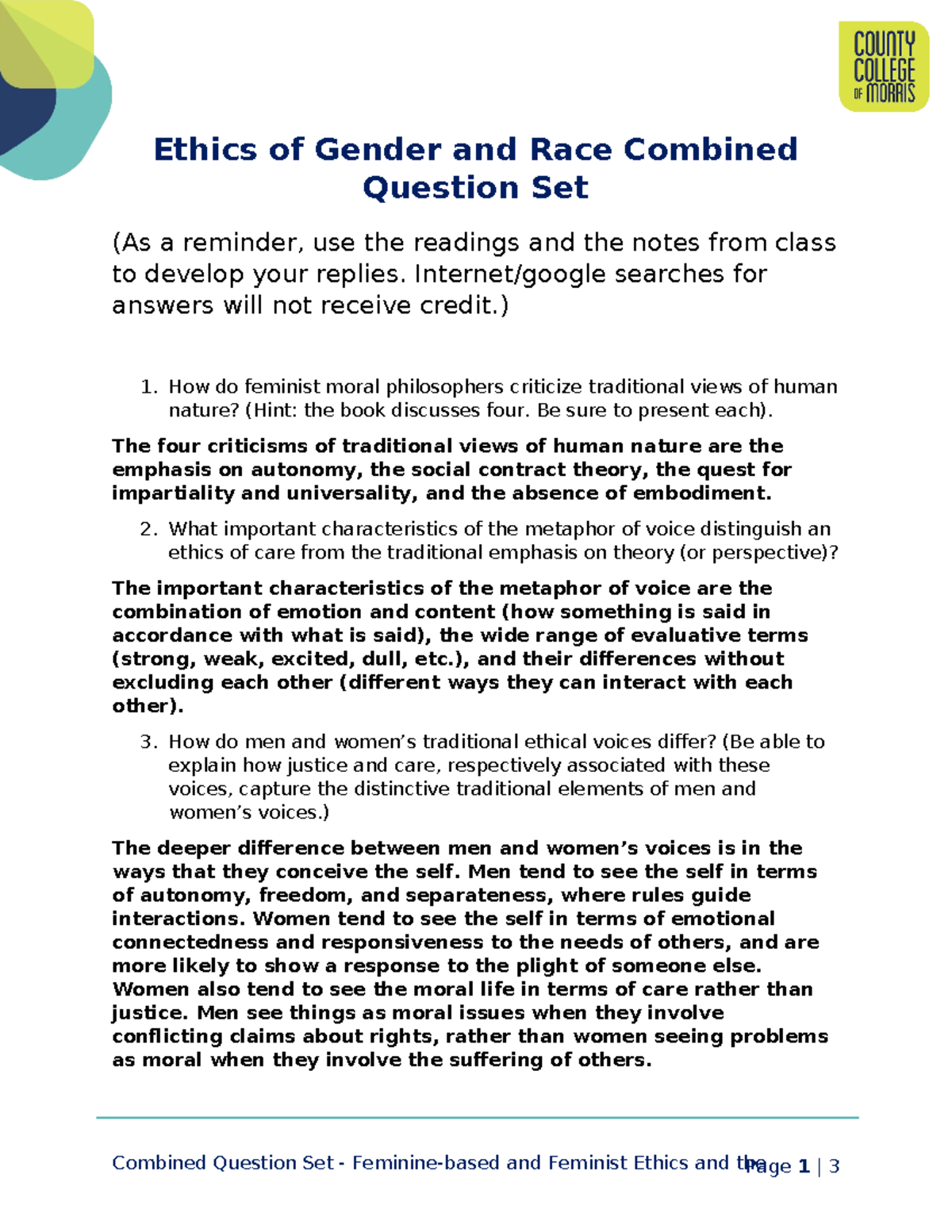 Combined Question Set - Feminine-based and Feminist Ethics and the ...
