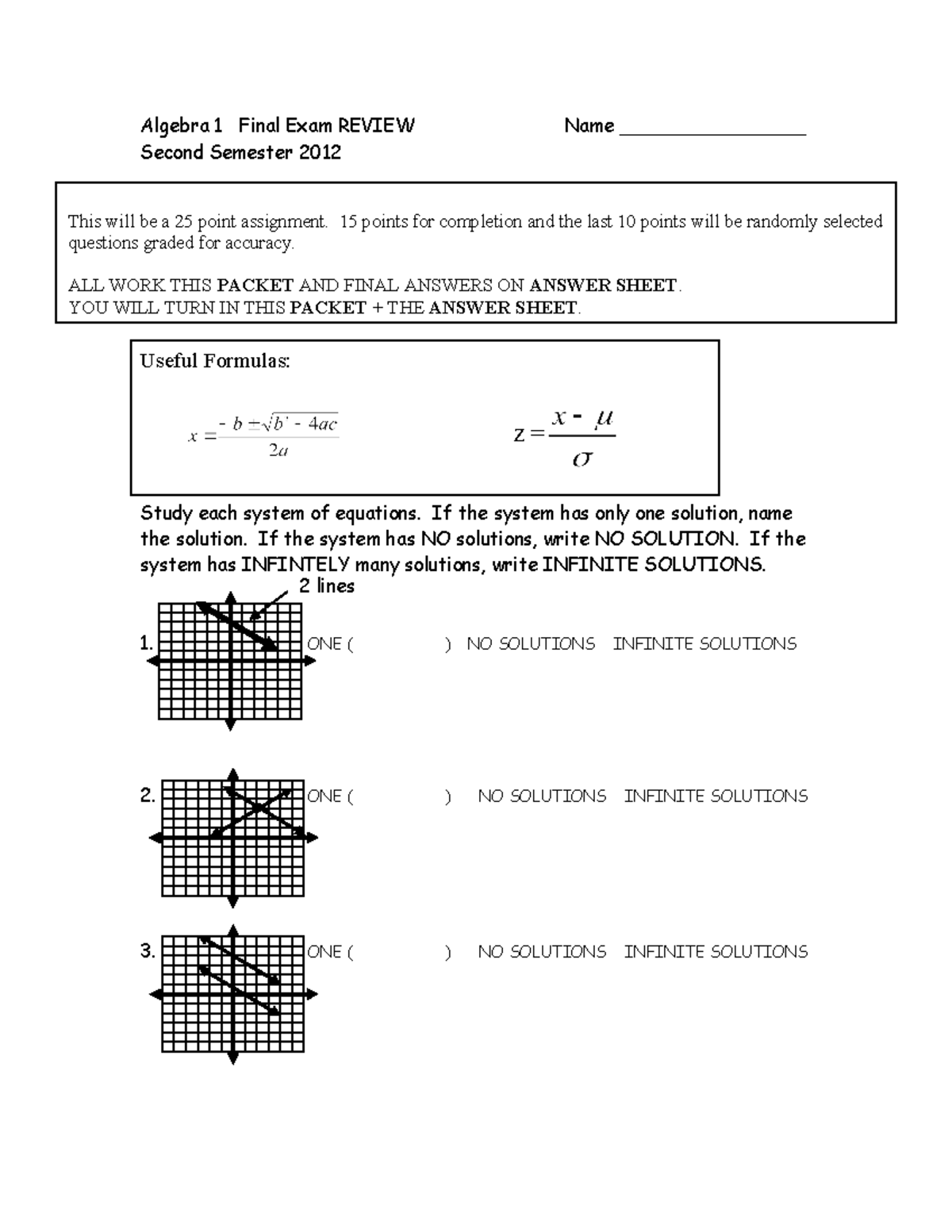 Algebra 1 Final Ex Review 2012 - Algebra 1 Final Exam REVIEW Name ...