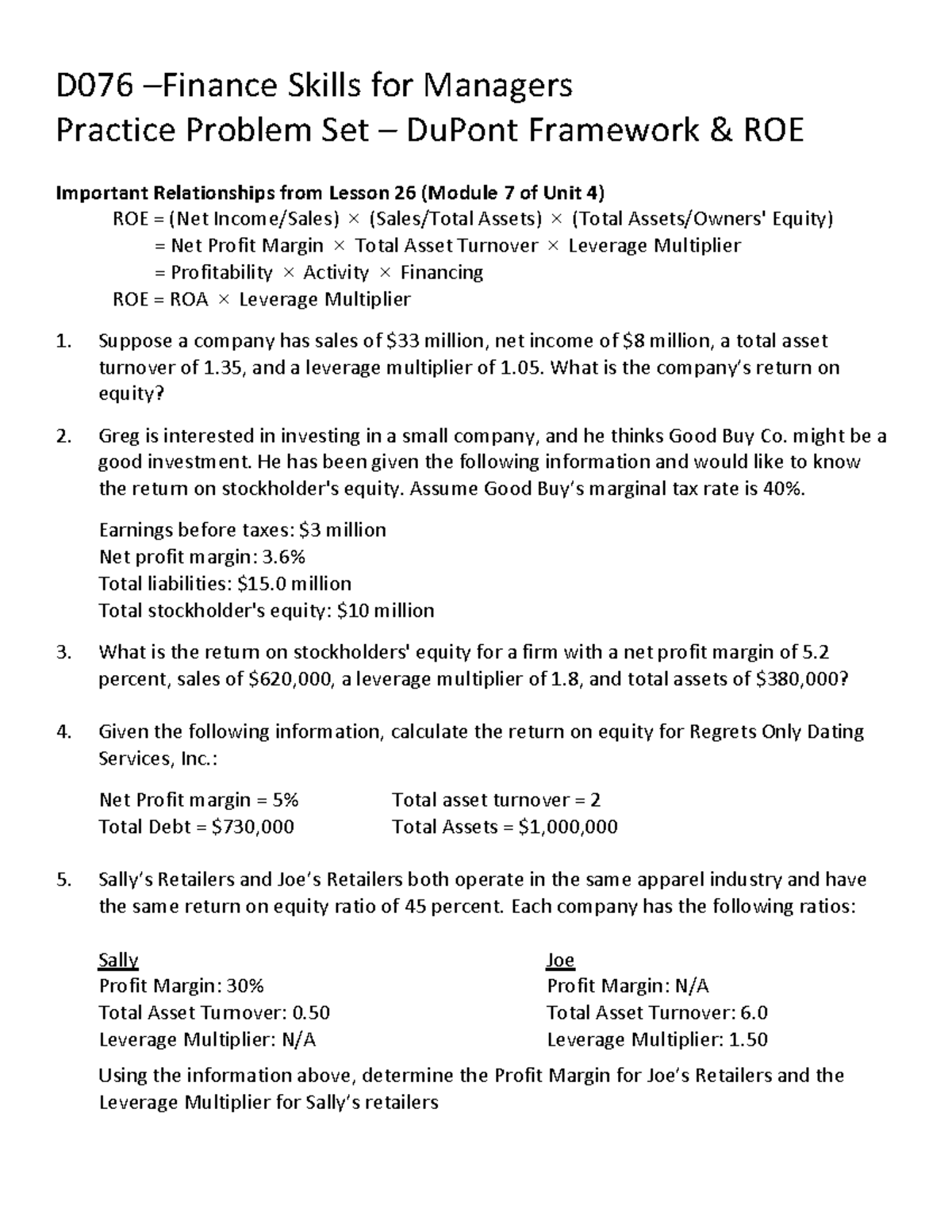 D076 Practice Problems Du Pont - D076 – Finance Skills for Managers Practice Problem Set ...