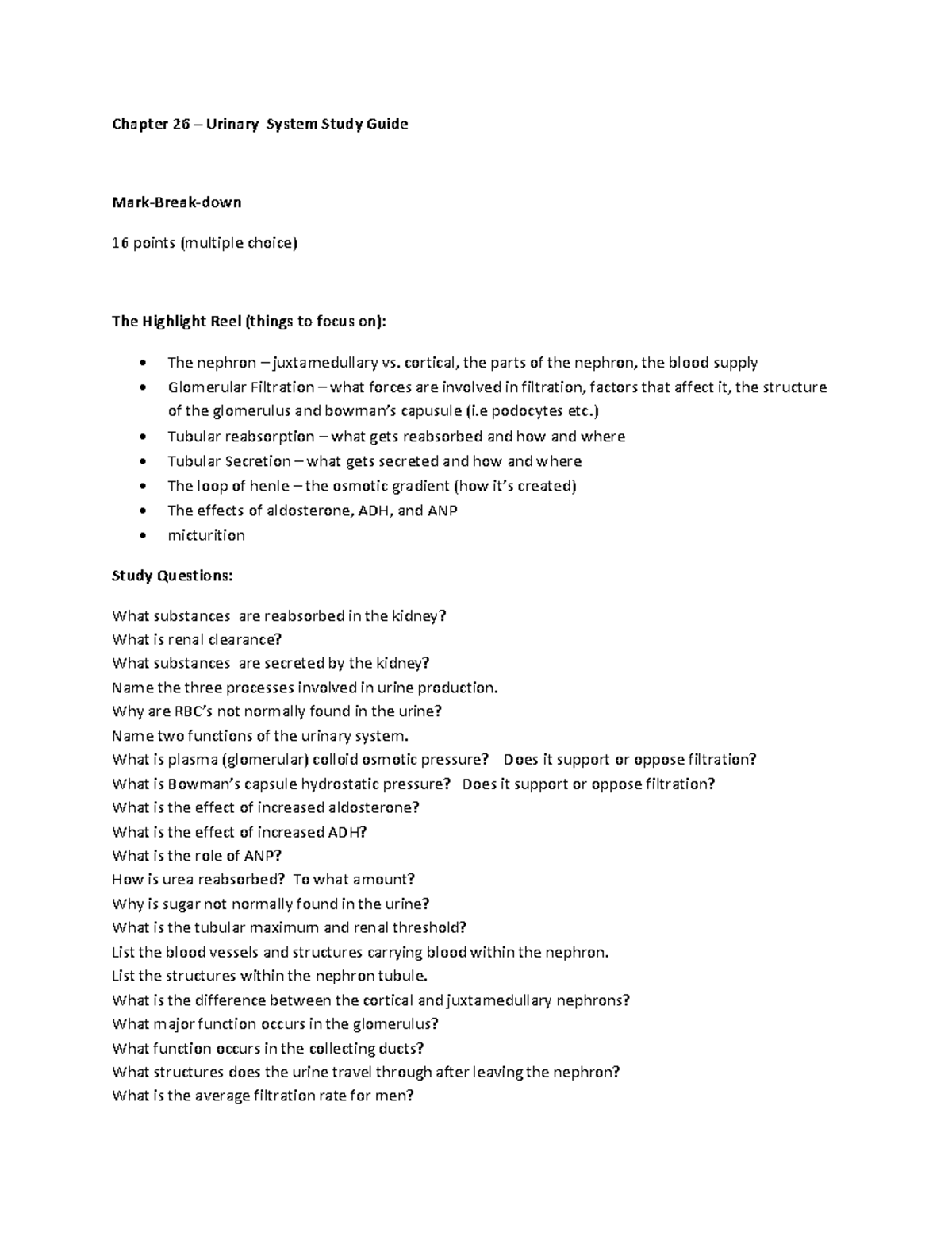 Study Guide - Urinary - Chapter 26 – Urinary System Study Guide Mark ...