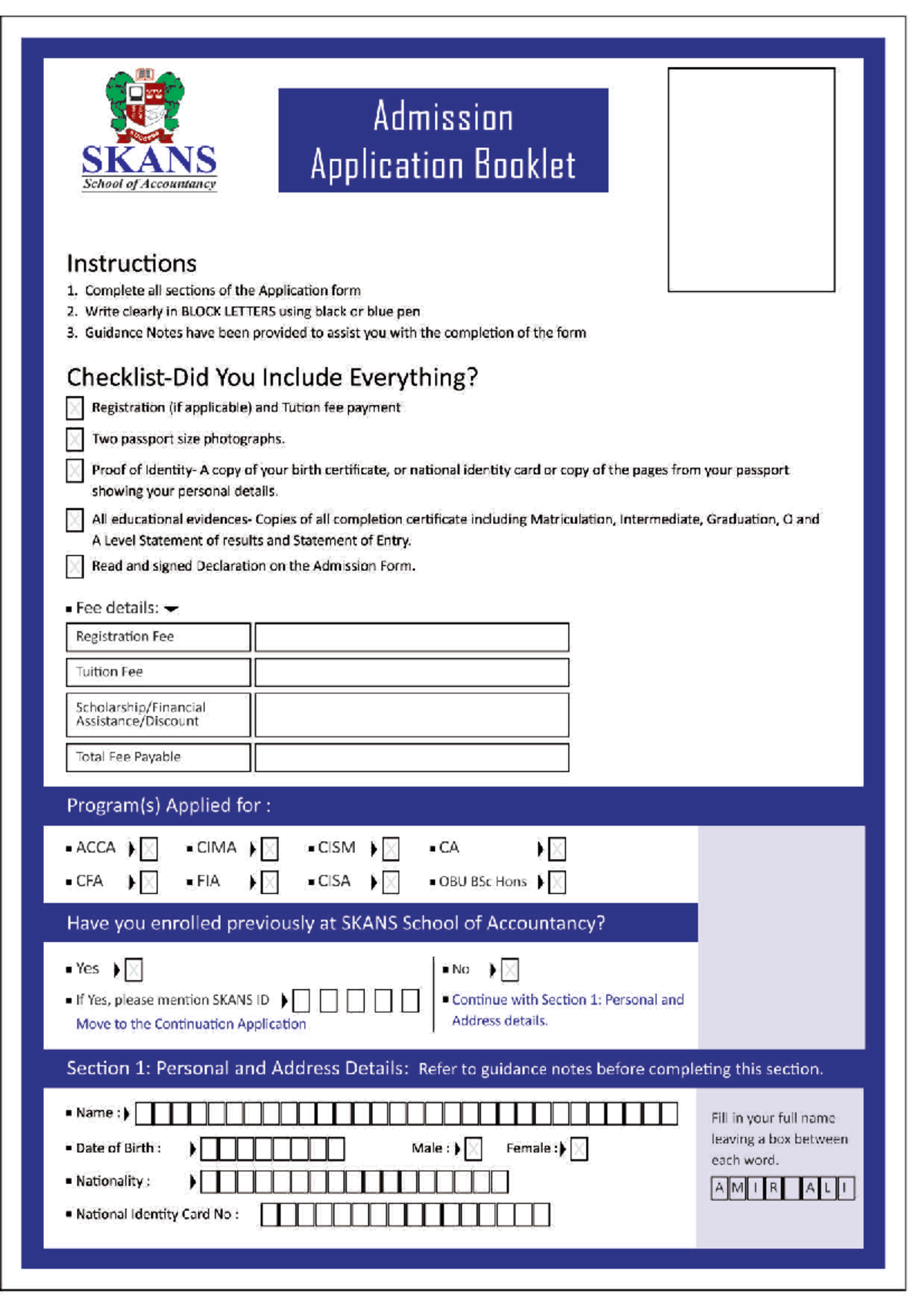 Admissionbooklet - Admission Form - Admission SKANS Application Booklet ...