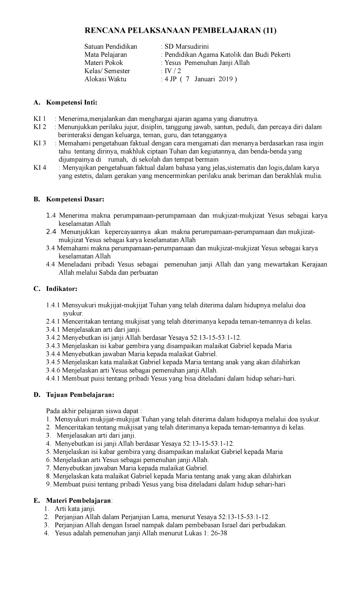 RPP kls 4 Pel 11 Baru - Pendidikan Agama Katolik dan Budi Pekerti ...