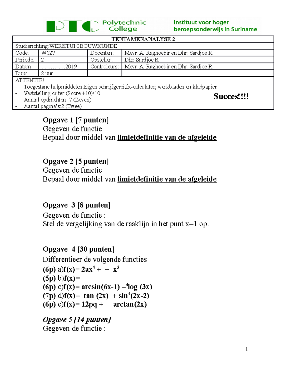 Analyse 2 WTB 2019 Regulier - TENTAMENANALYSE 2 Studierichting ...