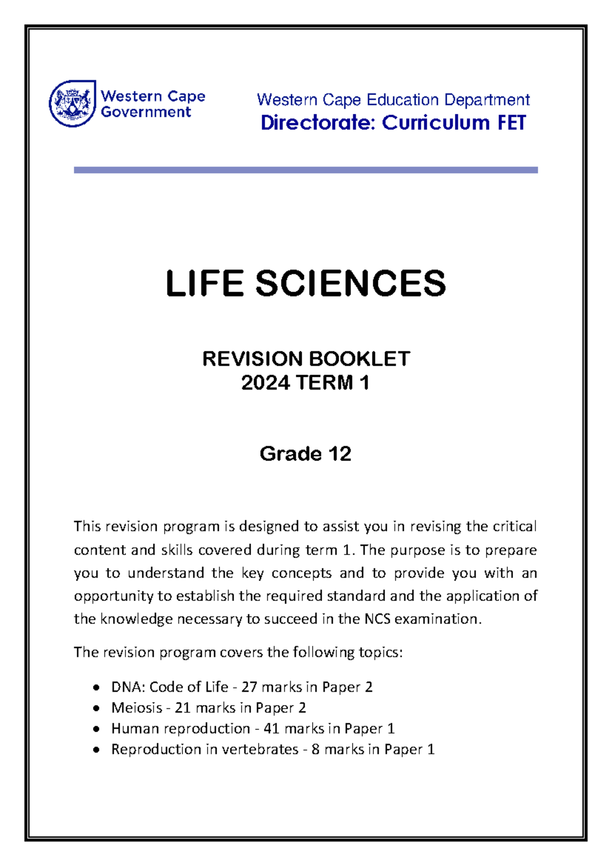 Life Sciences Learner Revision booklet Term 1 2024 - Western Cape ... Life Sciences Learner Revision booklet Term 1 2024 - Western Cape ...