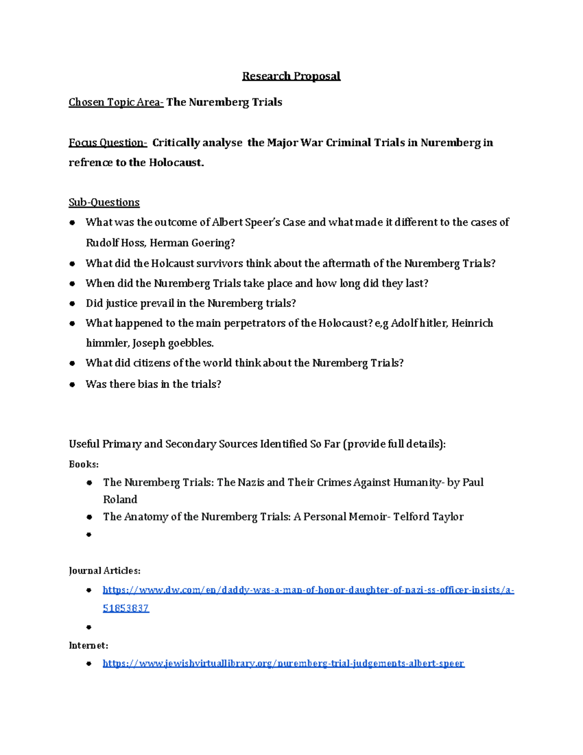History Investigation - Research Proposal Chosen Topic Area- The ...