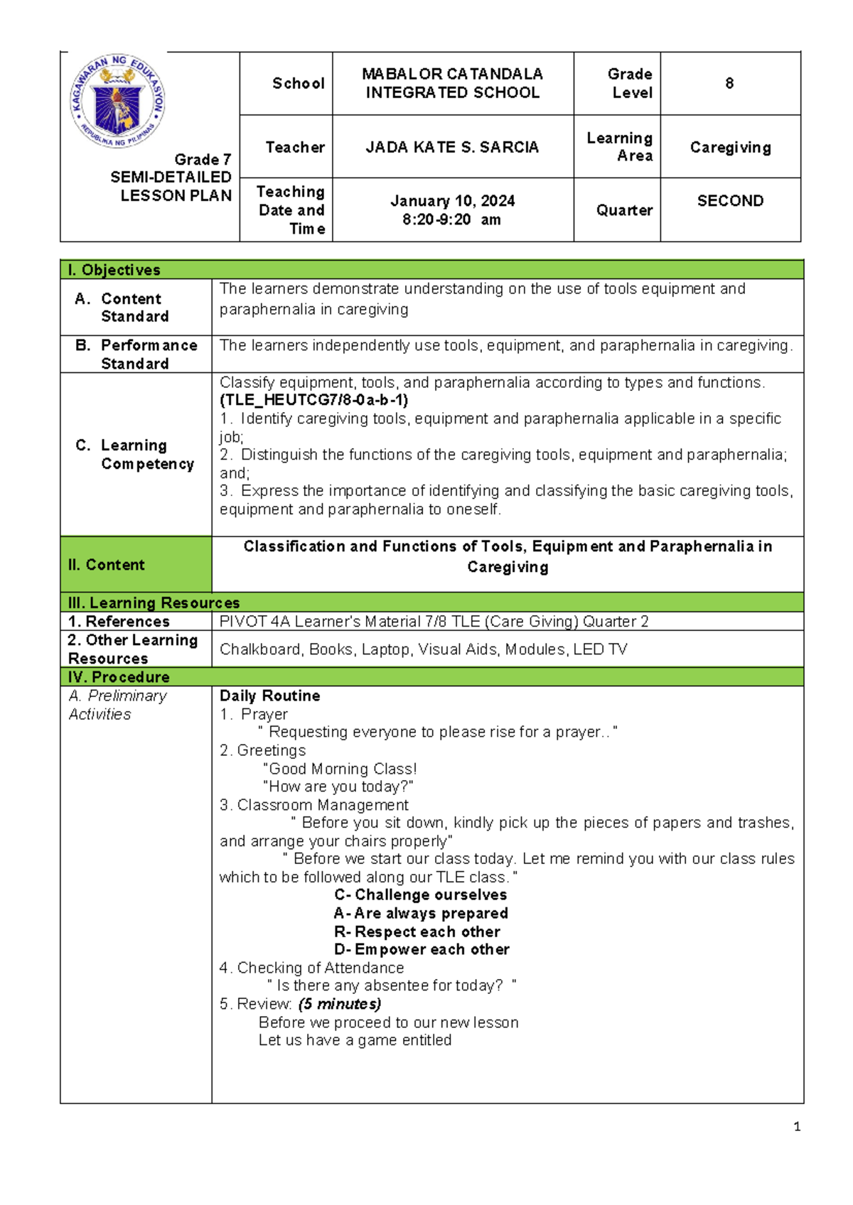 Cot 2 tle 8 - Grade 7 SEMI-DETAILED LESSON PLAN School MABALOR ...