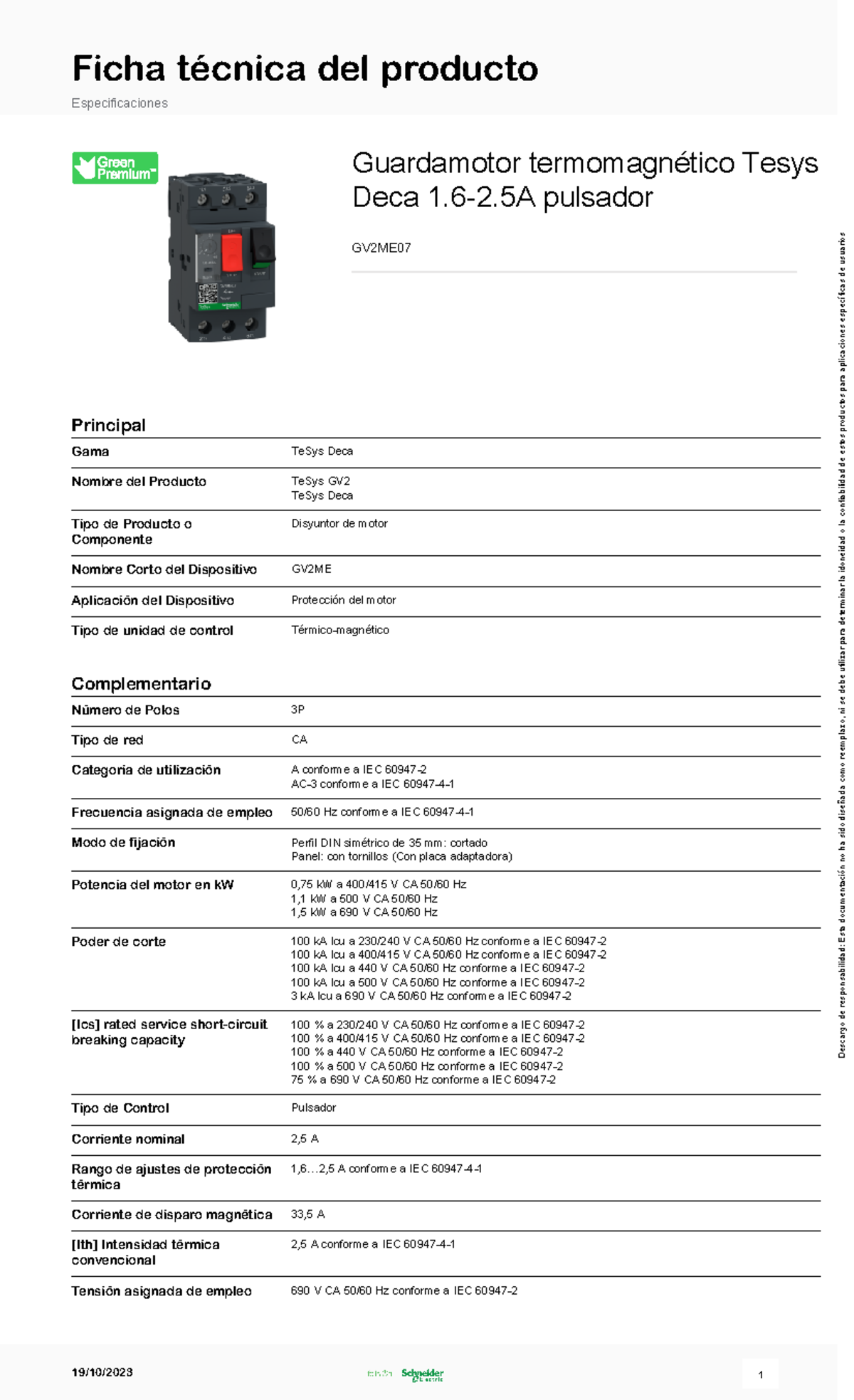 Guardamotor Marca Schneider - Ficha técnica del producto ...