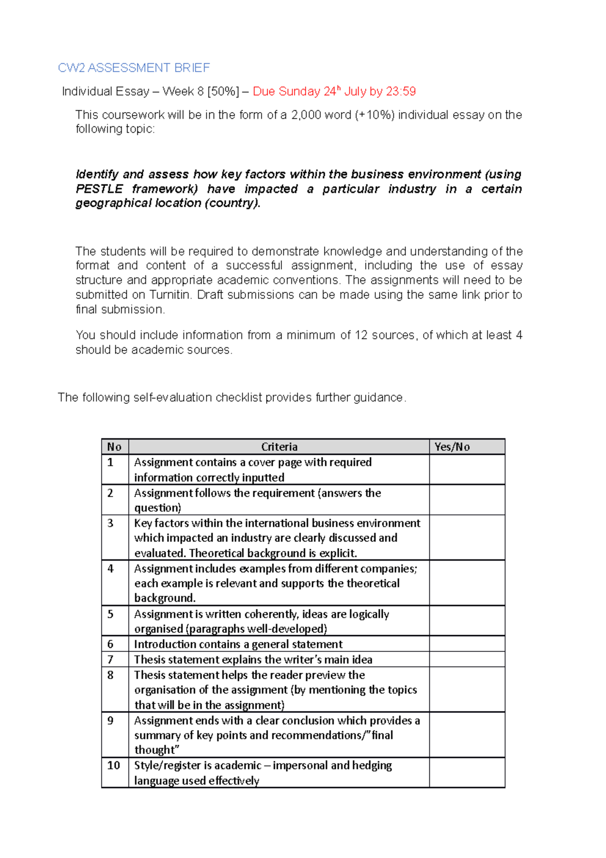 CW2 Assessment Brief (2) (1) - CW2 ASSESSMENT BRIEF Individual Essay ...