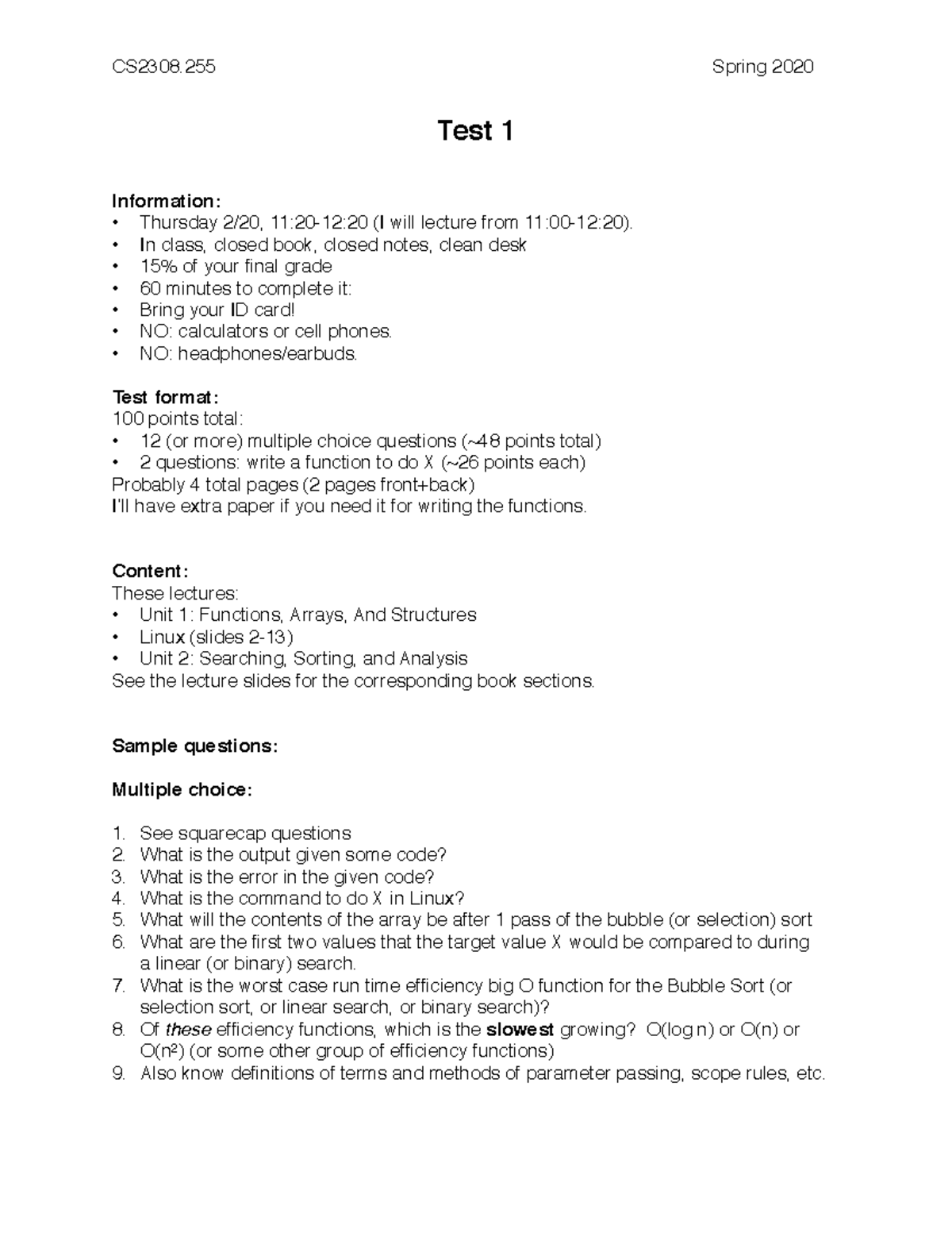 Test 1 Preparation - CS2308 Spring 2020 Test 1 Information: Thursday 2/ ...