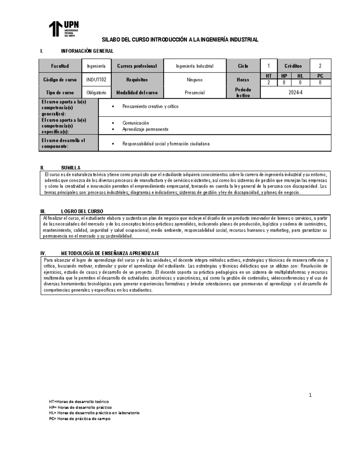 Introducción a la Ingeniería Industrial - 1 HT=Horas de desarrollo teórico HP= Horas de ...