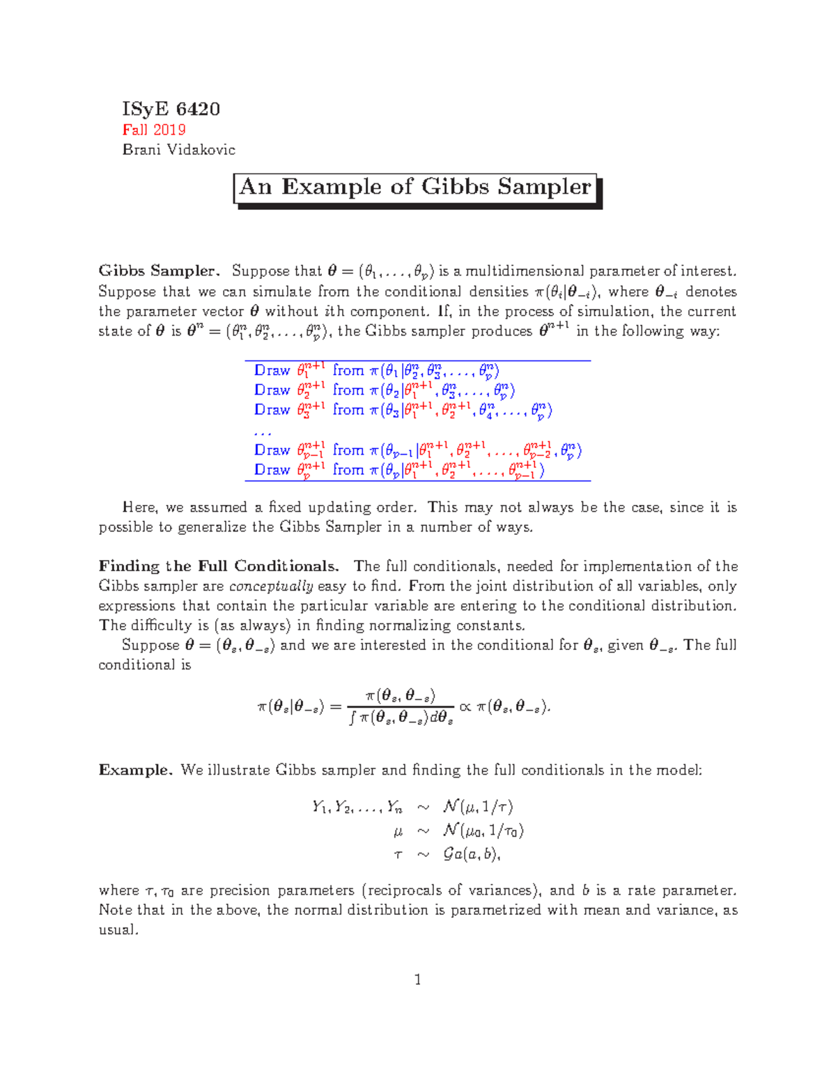 Gibbs - N?A - ISyE 6420 Fall 2019 Brani Vidakovic An Example of Gibbs ...